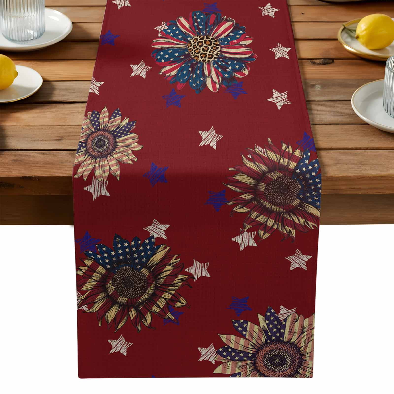 4th of July Table Runner, Patriotic Sunflower Cotton Linen Tablecloth ...