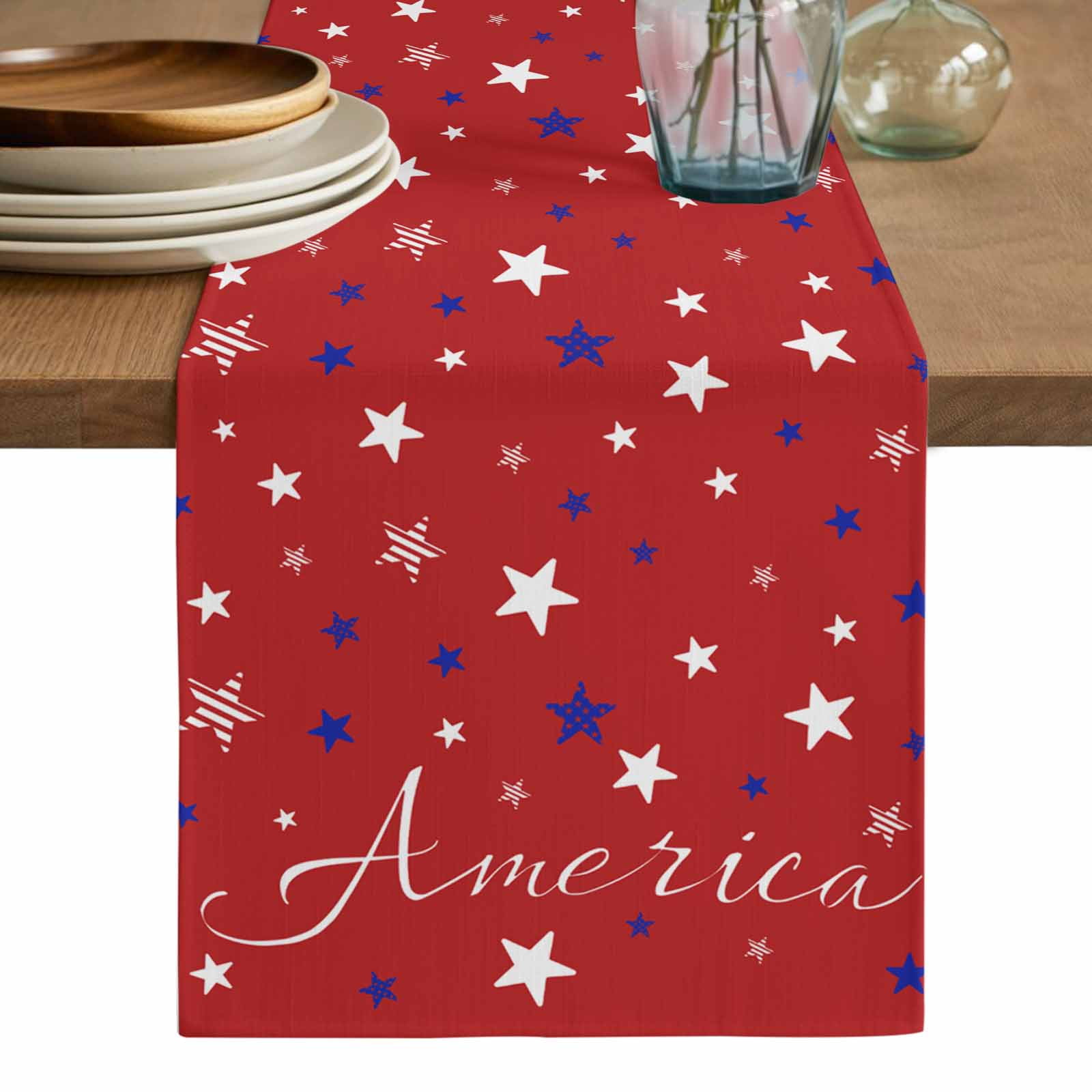 4th of July Table Runner, Red Independence Day White Blue Star Washable ...