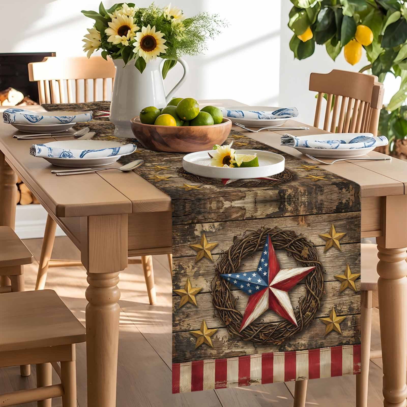 4th of July Table Runner, Retro Usa Flag Star Wreath of Vines Wood Red ...