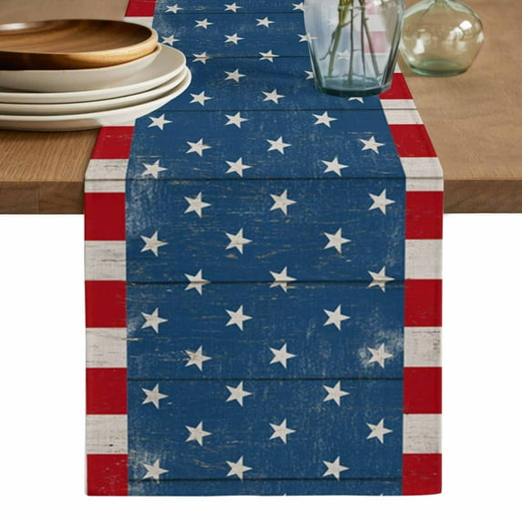 4th of July Table Runner, Retro Wood Patriot Independence Day Washable ...