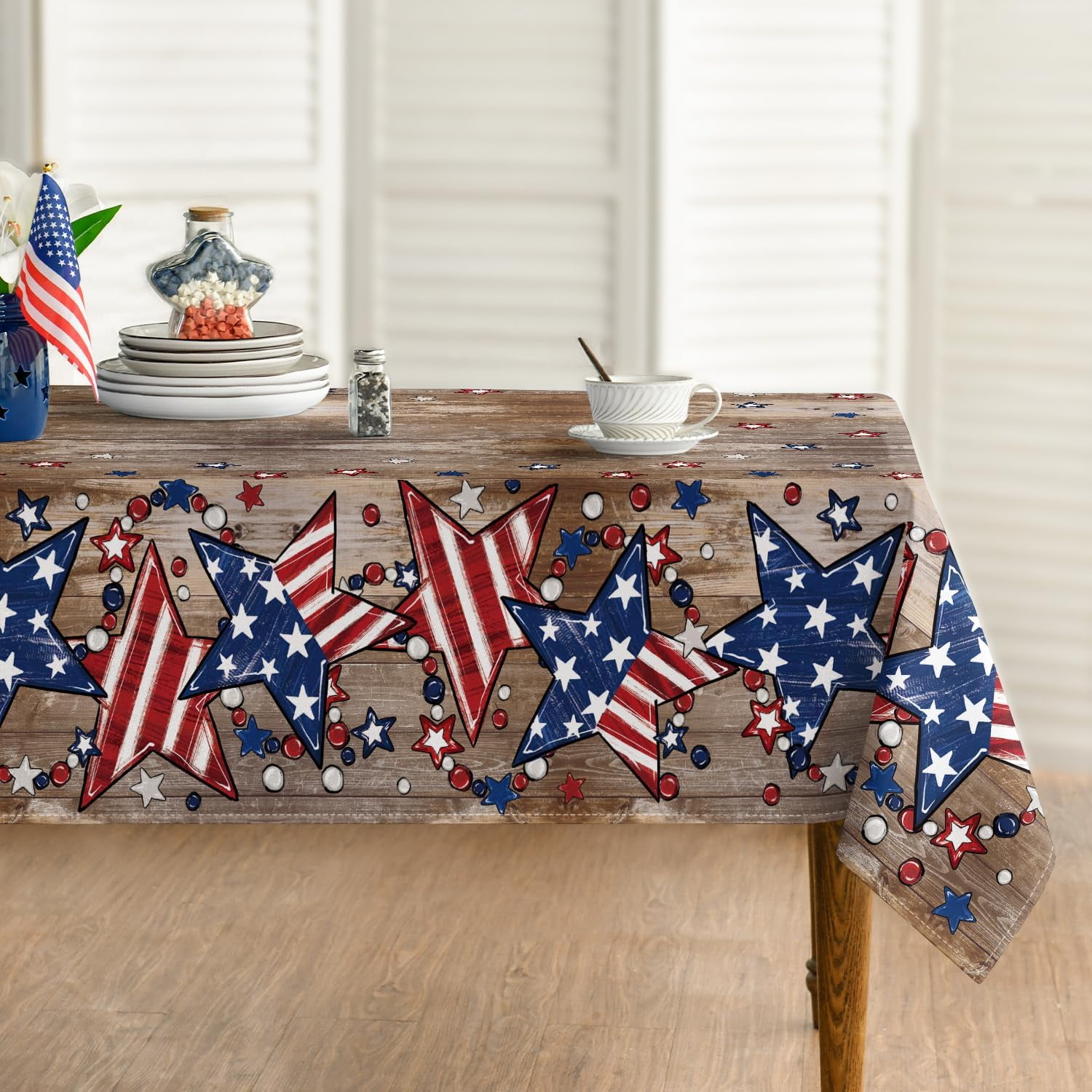 4th of July Tablecloth 60×120 Inch Rectangular, Wood Color Vintage Star ...