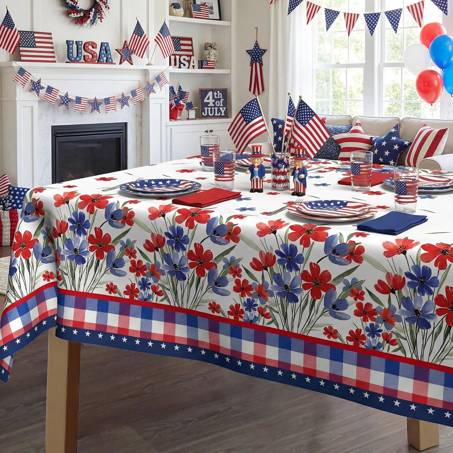 4th of July Tablecloth 60x120 Inch, Patriotic Watercolor Poppy Flowers ...