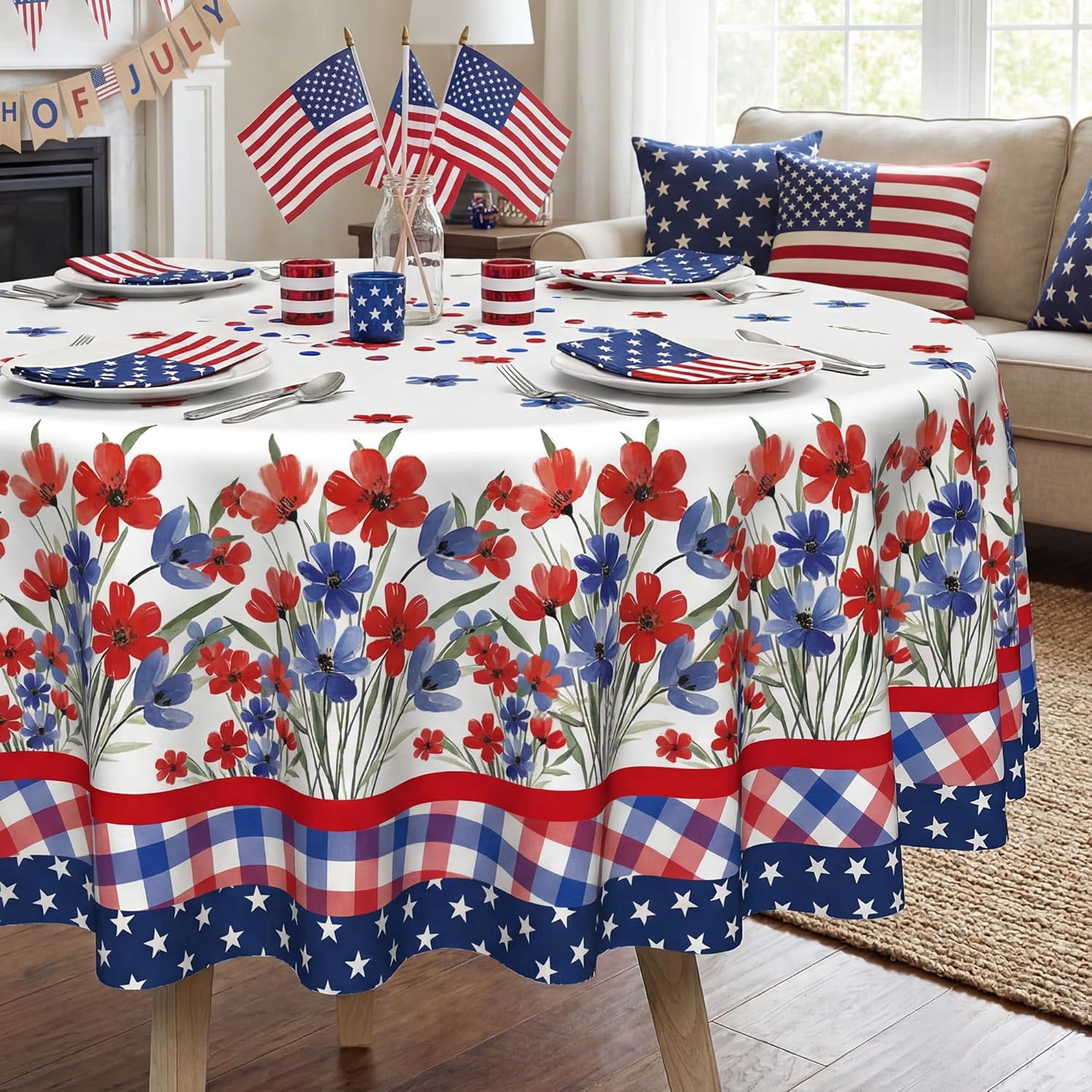 4th of July Tablecloth 70 Inch Round, Patriotic Watercolor Poppy ...