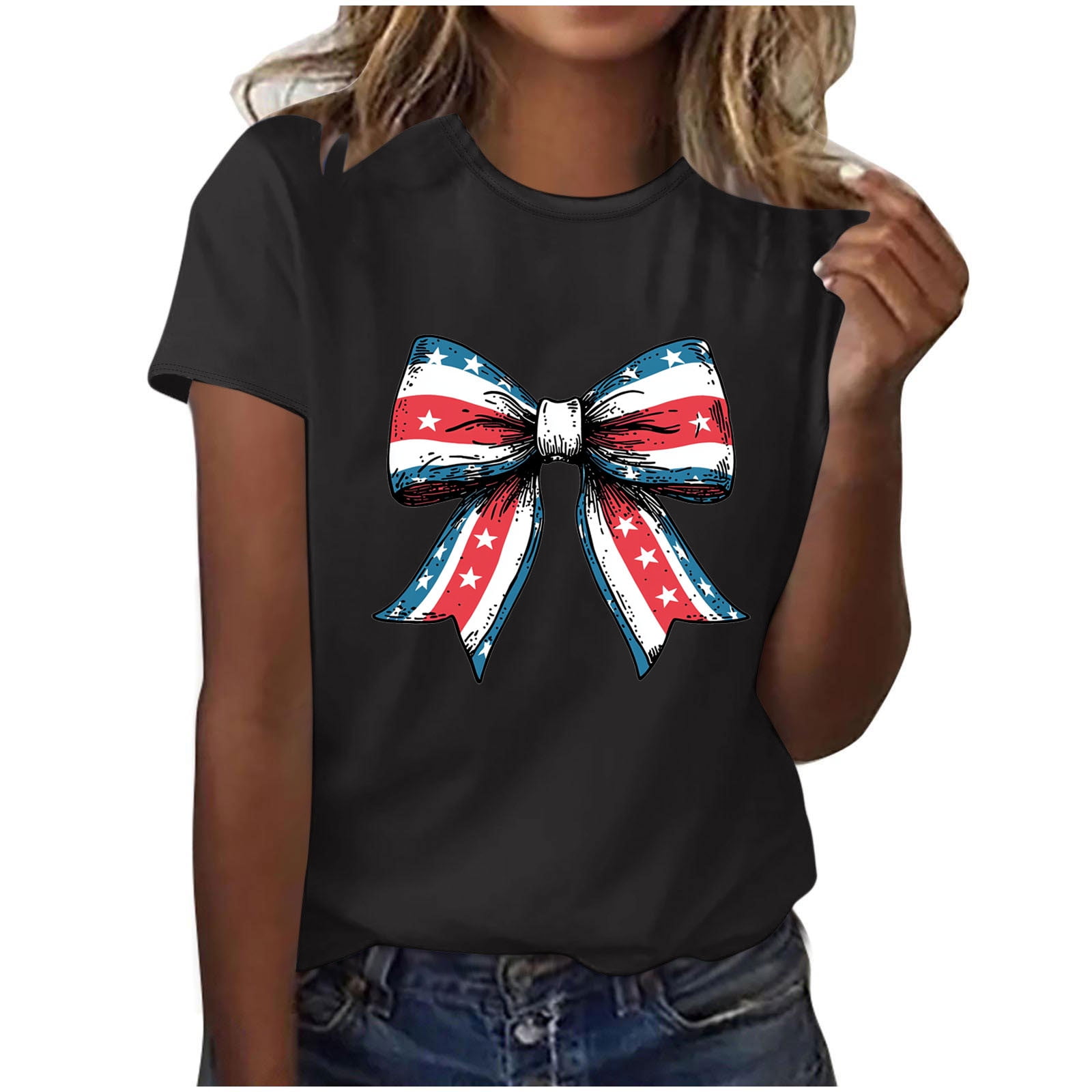 4th of July Tee Shirt for Women Cute USA Bow Flag Graphic Tops American ...