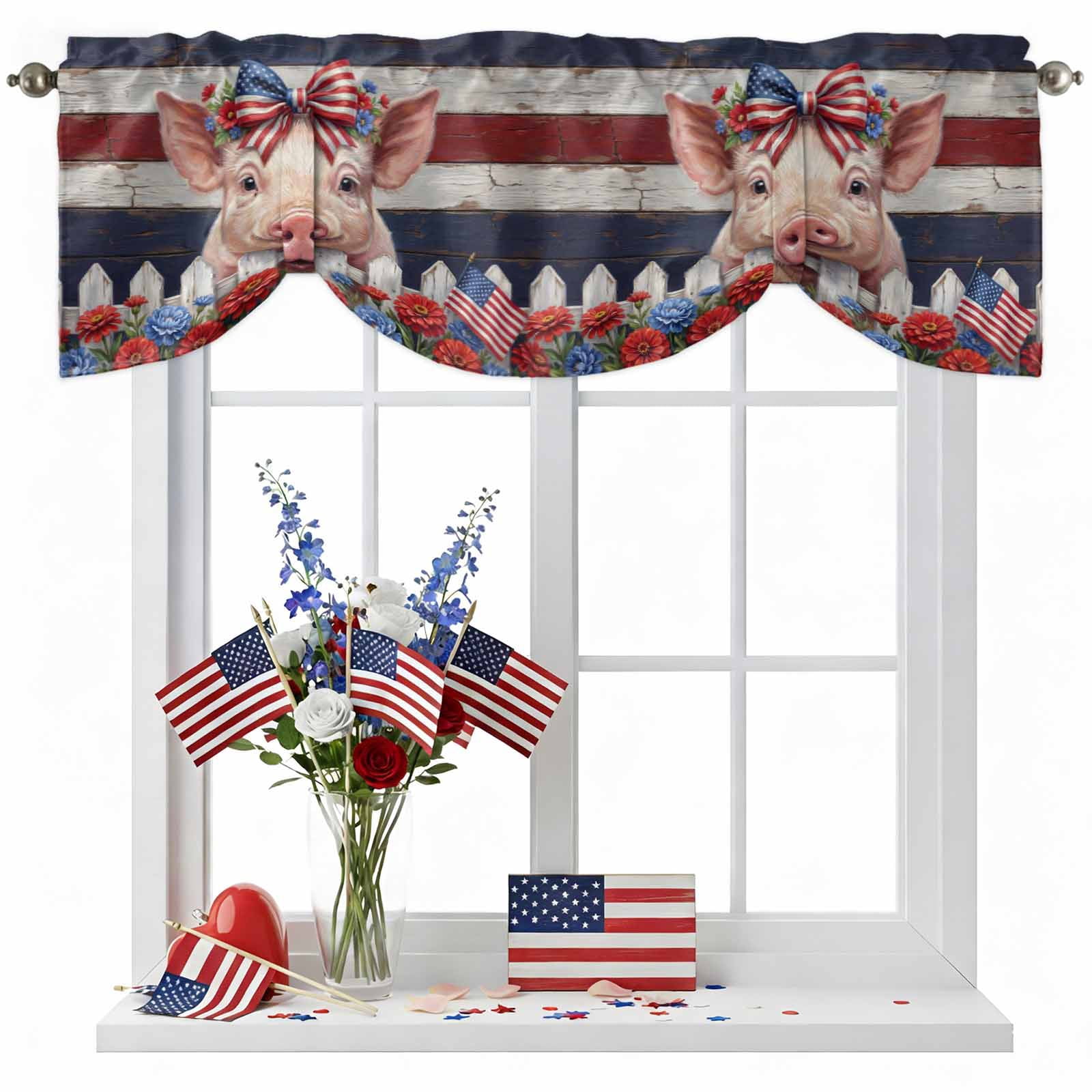 4th of July Tie Up Valance for Windows Patriotic Farm Pig Curtains ...