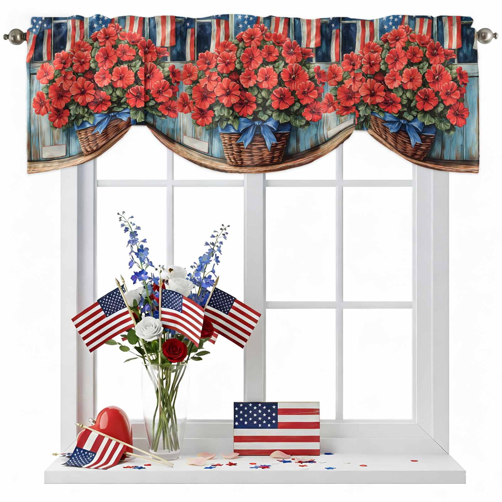 4th of July Tie Up Valance for Windows Red Poppy Bouquet Curtains ...