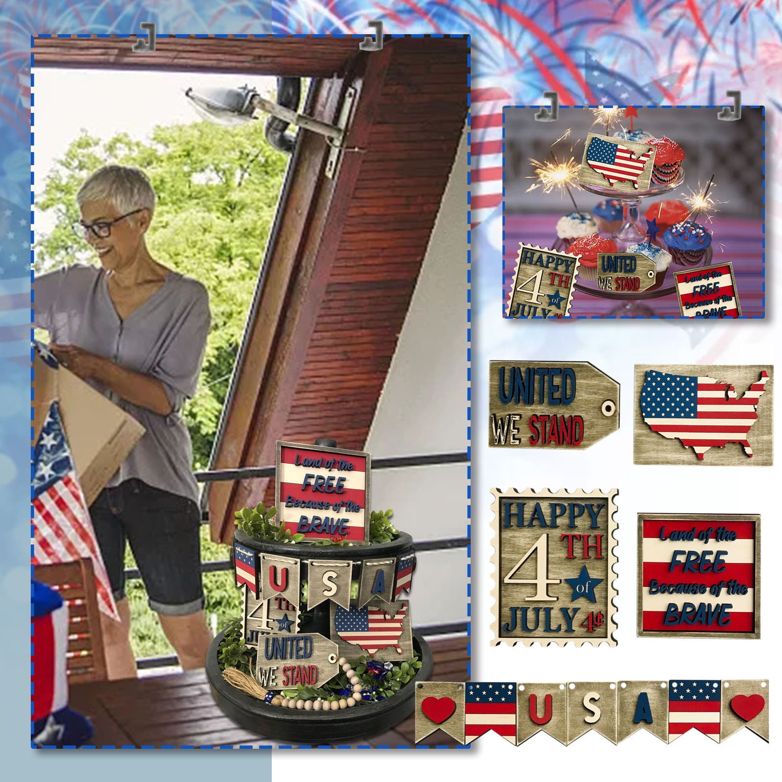 4th of July Tiered Tray Decor Patriotic Tiered Tray Wooden Decoration ...