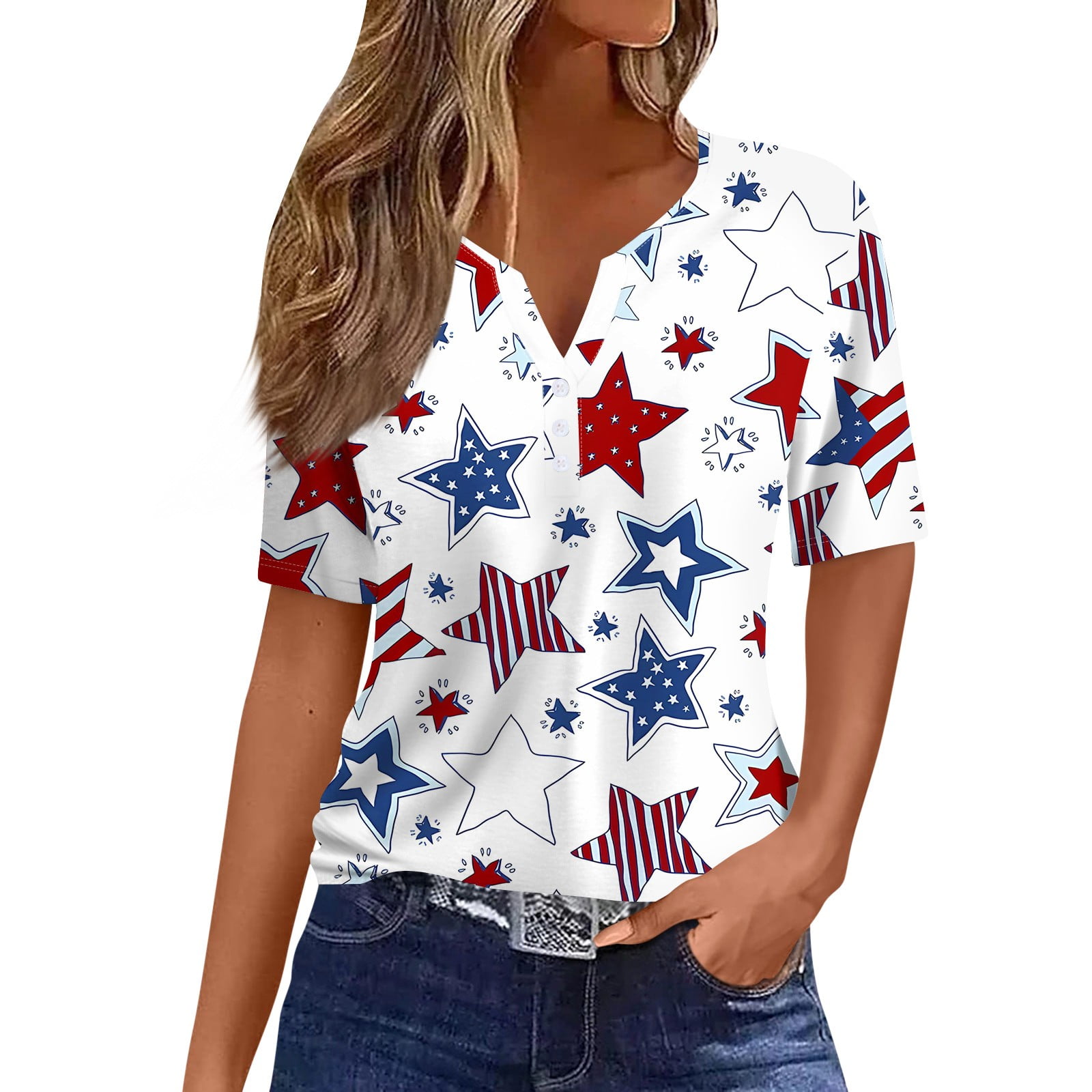 4th of July Tops for Women Patriotic 3/4 Sleeve Shirts Spring Comfy Mid ...