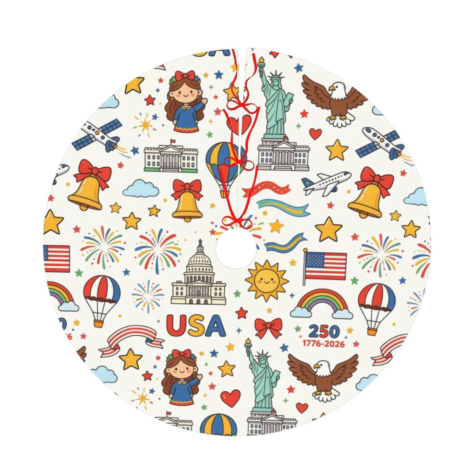 4th of July Tree Skirt Patriotic Cartoon Flannel Tree Cover 250th USA ...