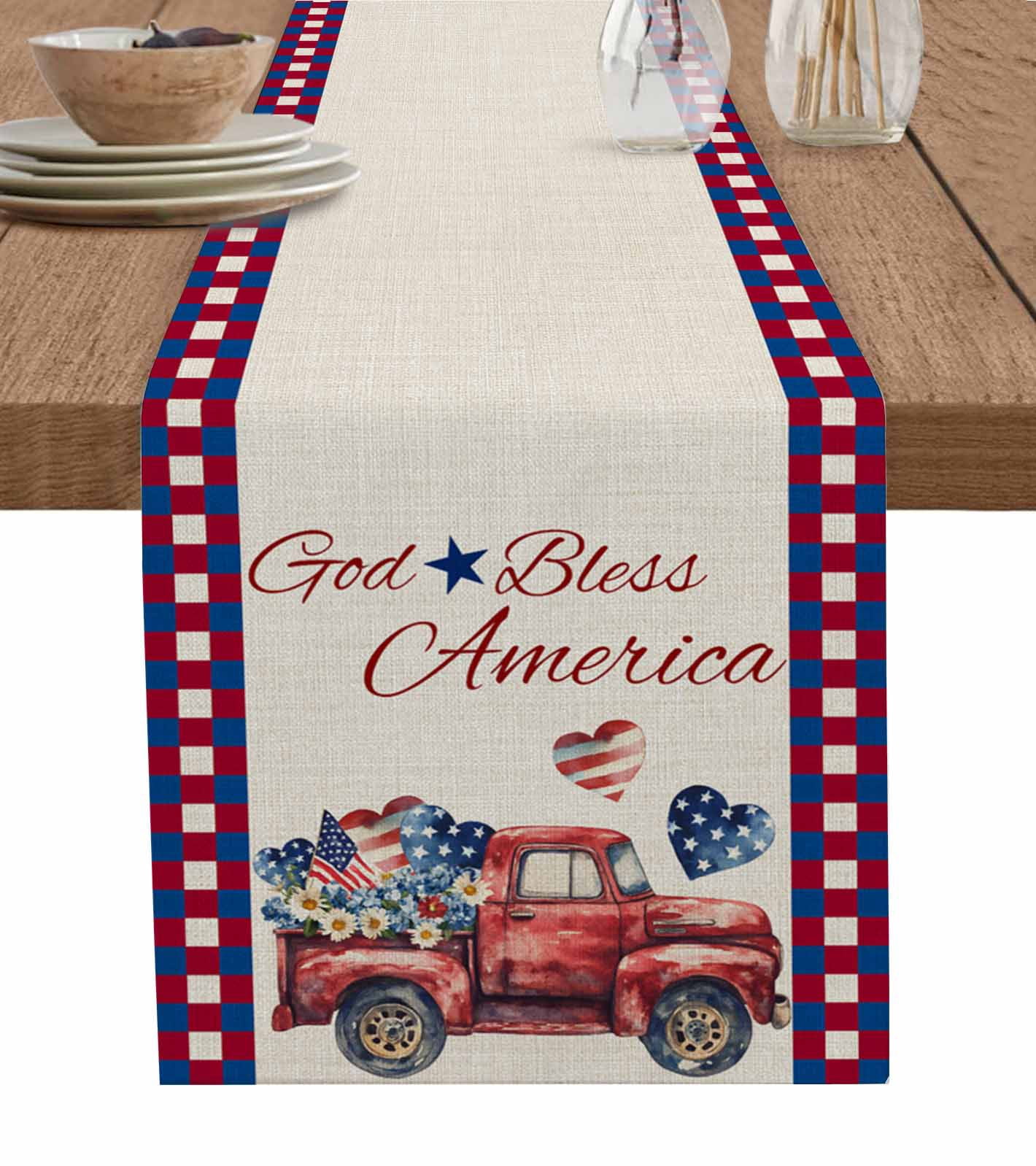 4th of July Truck Table Runner 72 Inches, Independence Day Red Blue ...