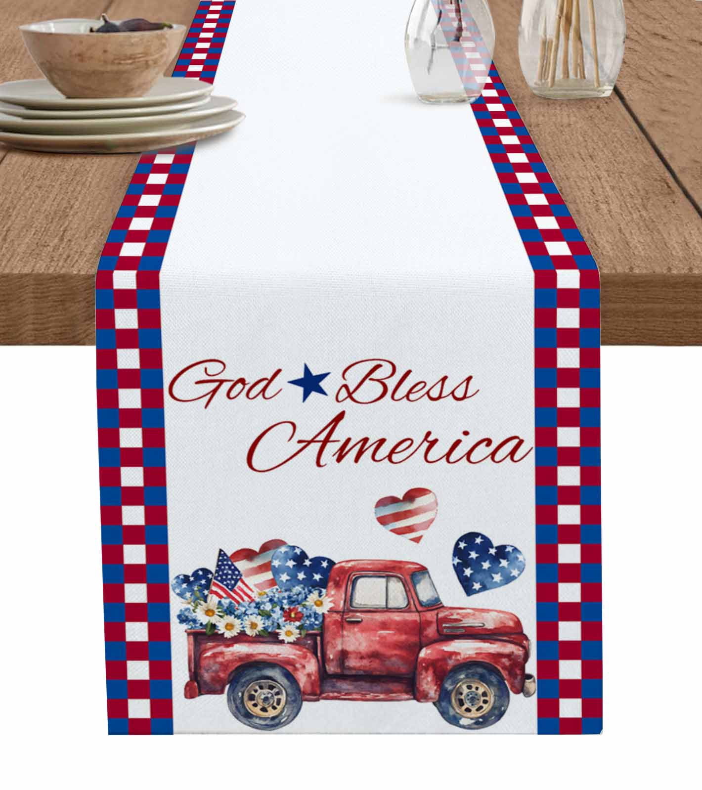 4th of July Truck Table Runner 72 Inches, Love Heart Independence Day ...