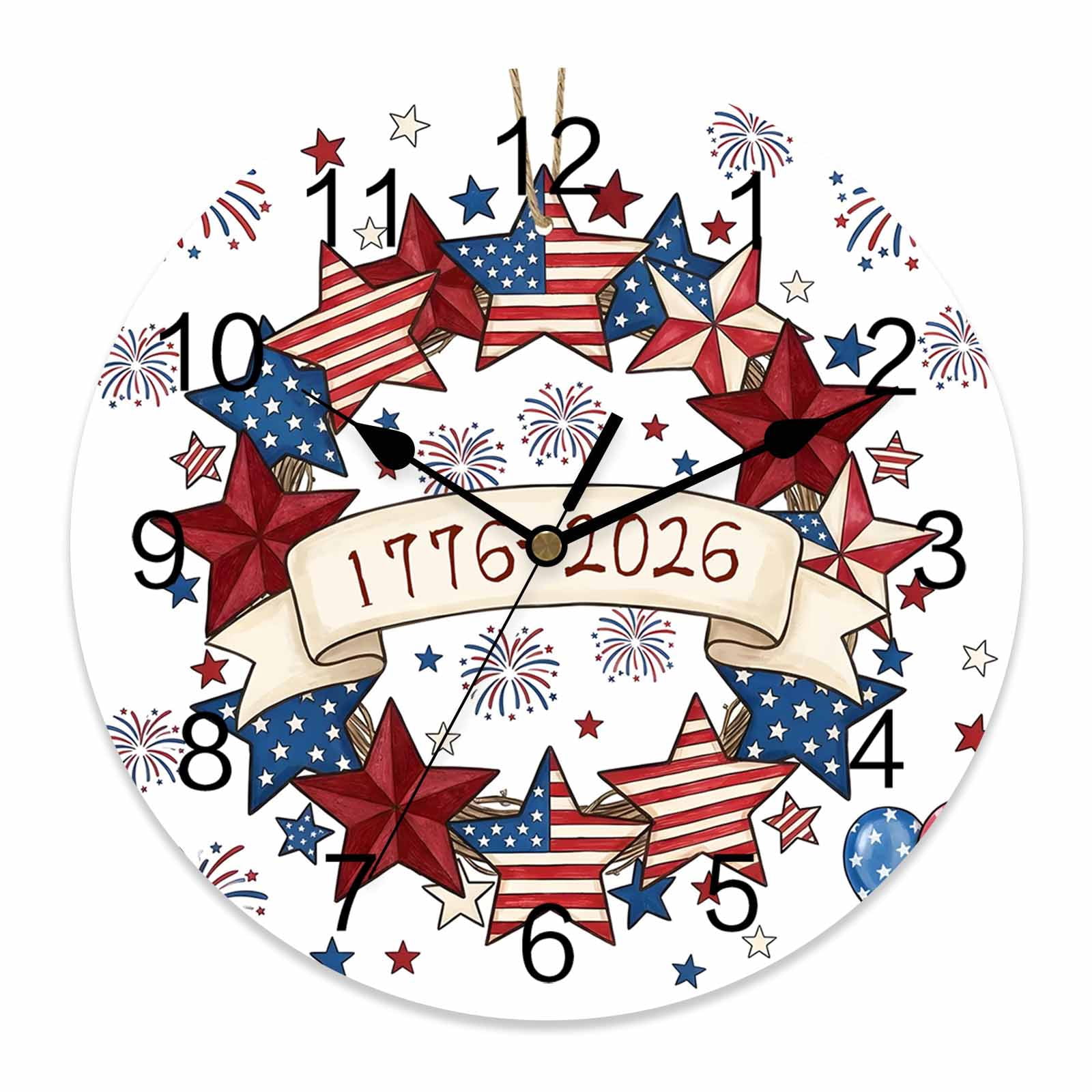4th of July Wall Clock 250th Star Wreath Clocks PVC Silent Non-Ticking ...