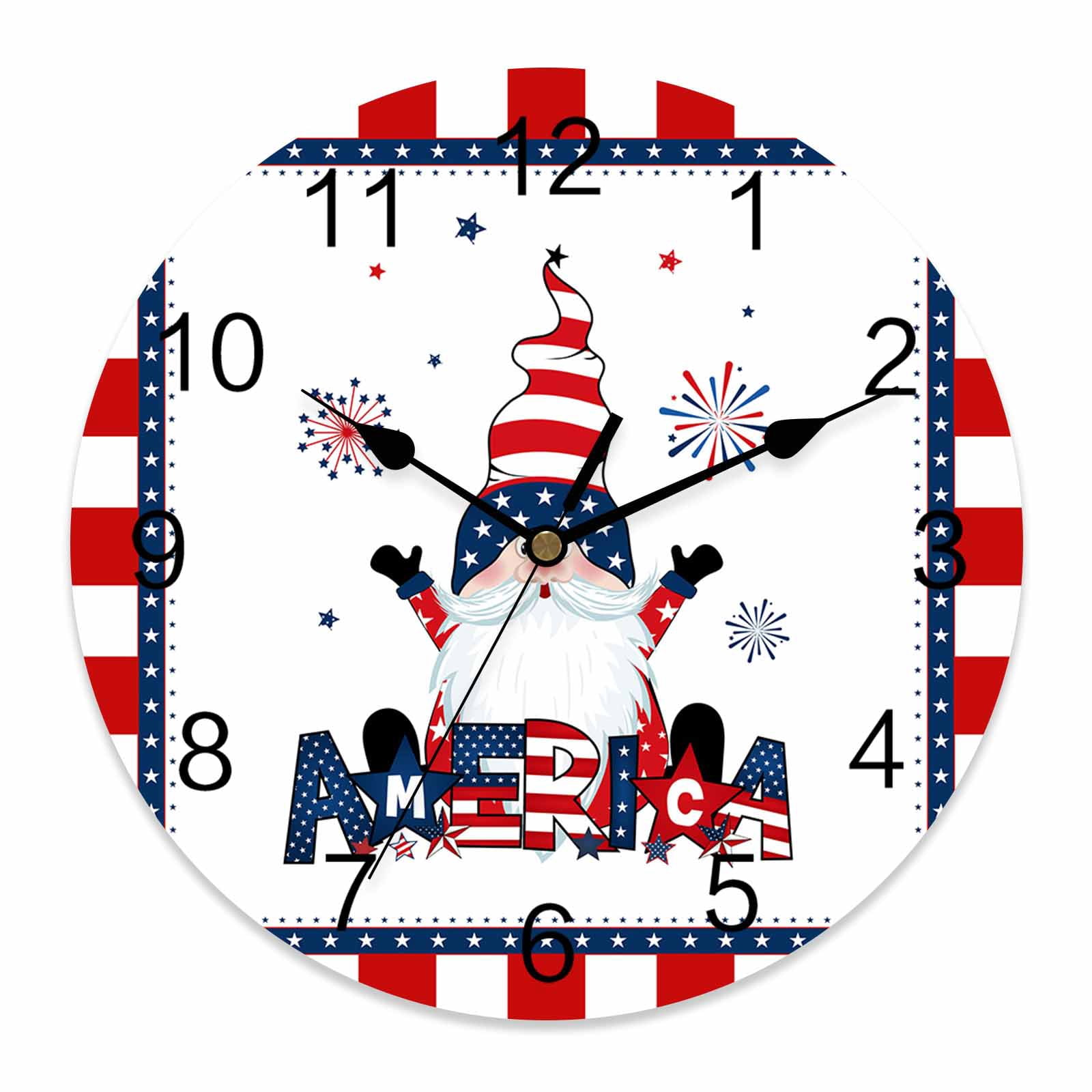 4th of July Wall Clock America Stars Gnome Clocks PVC Silent Non ...
