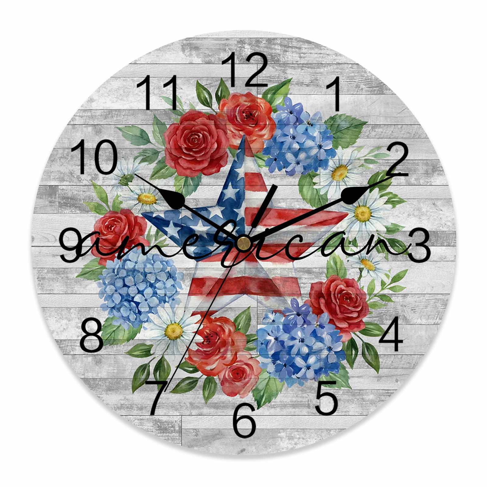 4th of July Wall Clock American Barn Stars Wreath Clocks PVC Silent Non ...