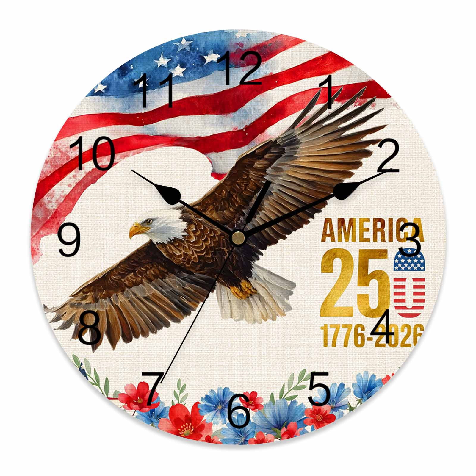 4th of July Wall Clock American Flag Bald Eagle Clocks PVC Silent Non ...