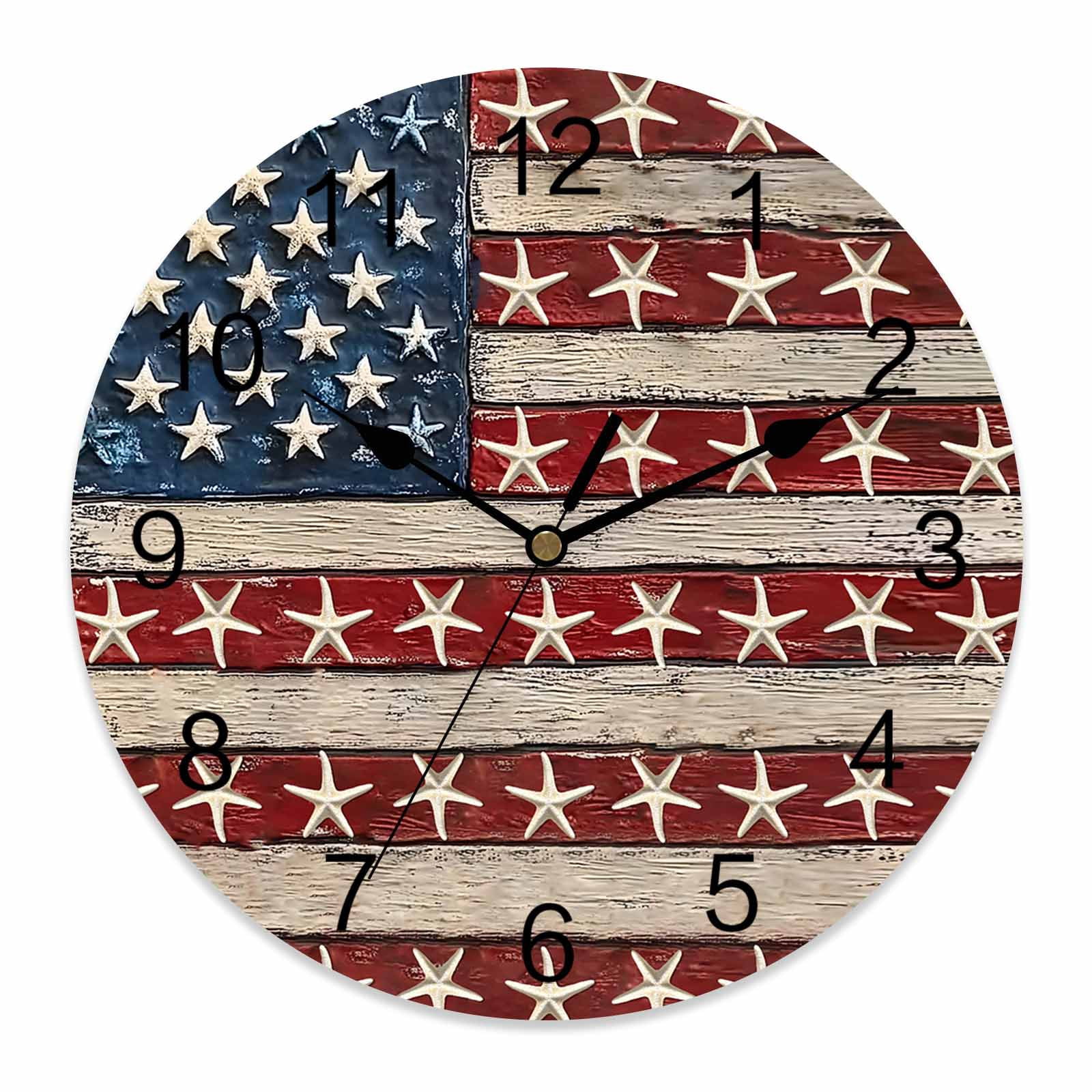 4th of July Wall Clock American Flag Clocks PVC Silent Non-Ticking ...