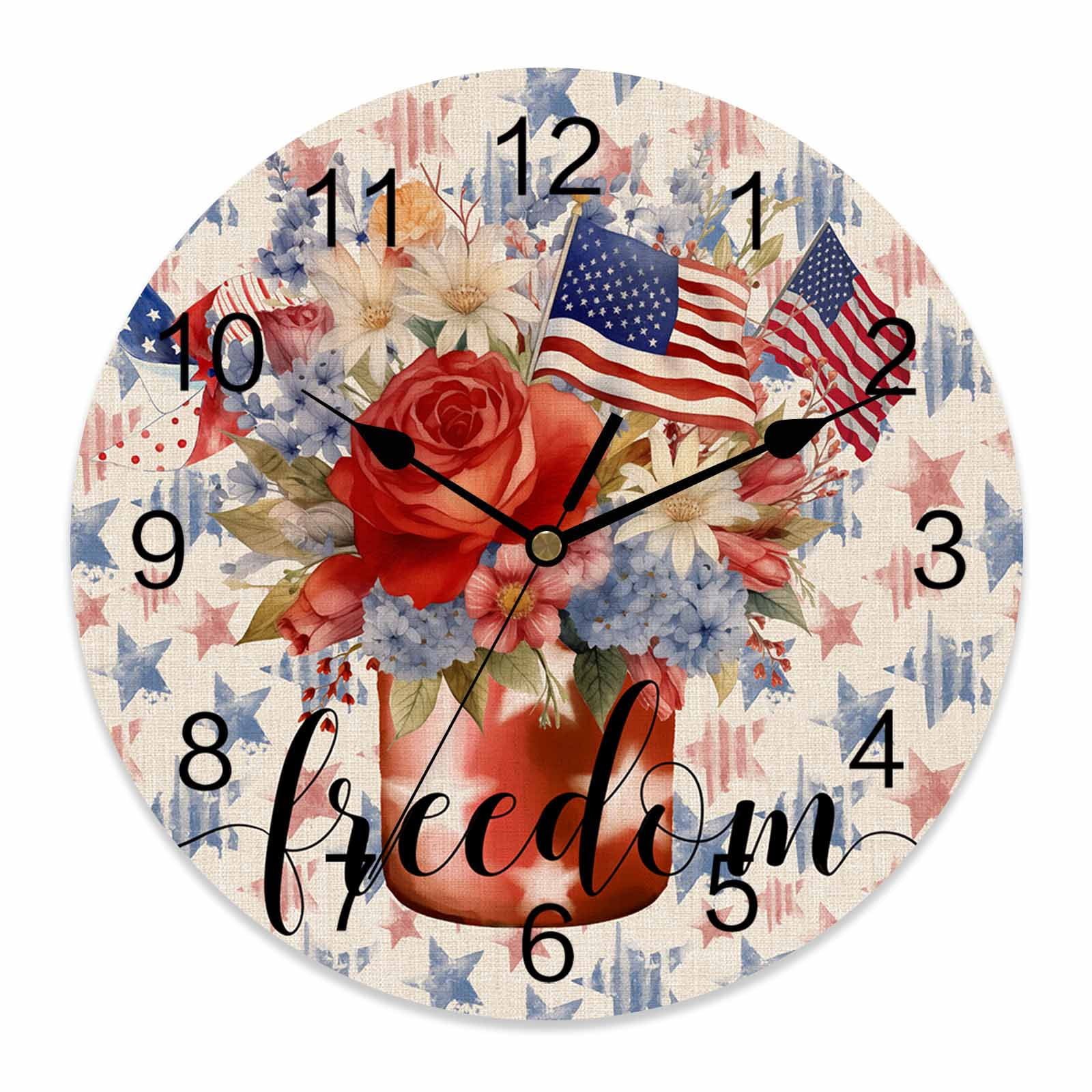 4th of July Wall Clock American Flag Flower Clocks PVC Silent Non ...