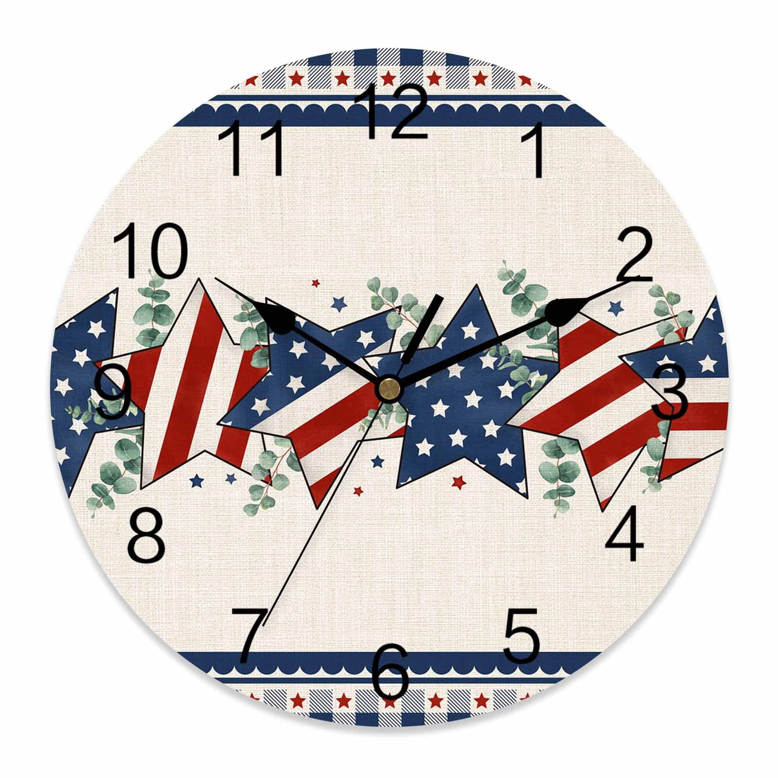 4th of July Wall Clock American Flag Stars Clocks PVC Silent Non ...