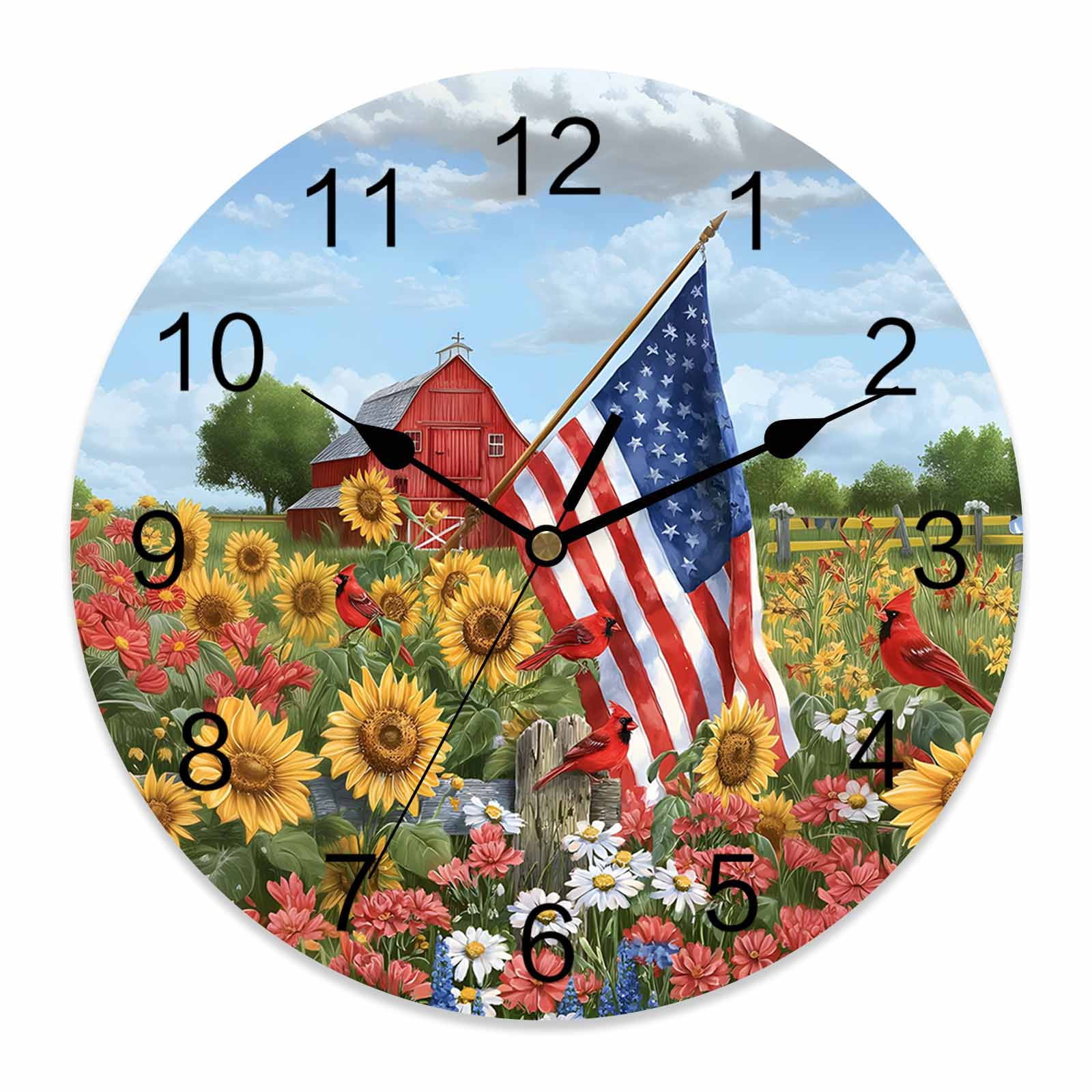 4th of July Wall Clock American Flag Sunflower Clocks PVC Silent Non ...