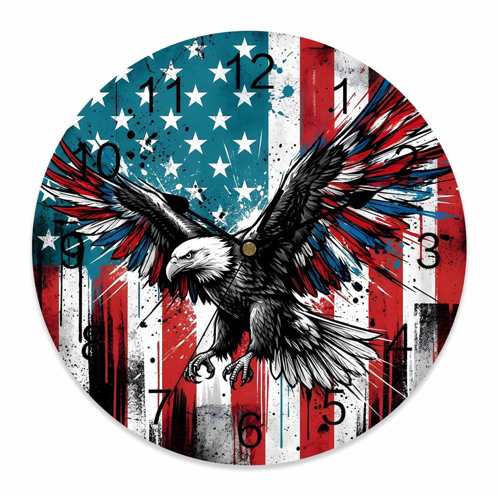 4th of July Wall Clock Bald Eagle Clocks PVC Silent Non-Ticking Battery ...
