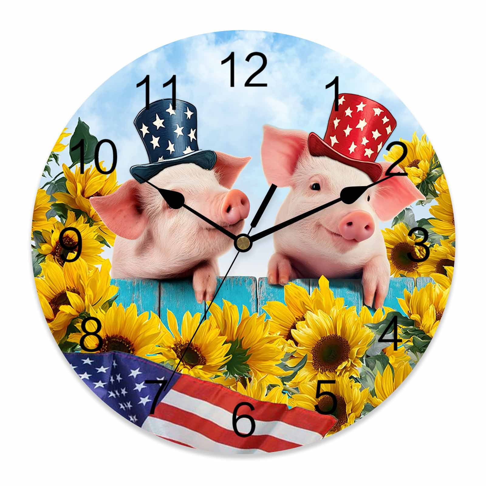4th of July Wall Clock Farmhouse Pig Clocks PVC Silent Non-Ticking ...