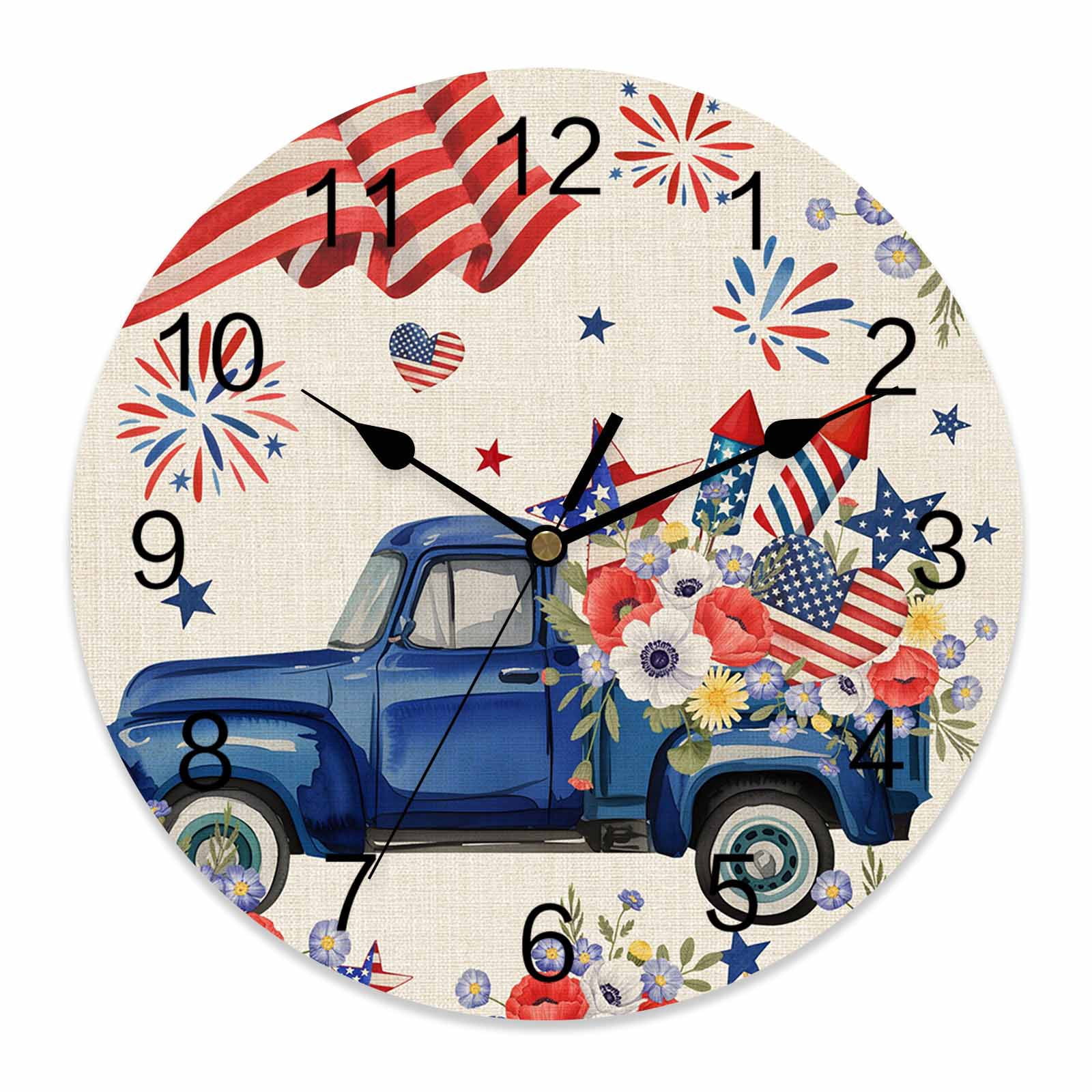 4th of July Wall Clock Fireworks Poppy Truck Clocks PVC Silent Non ...