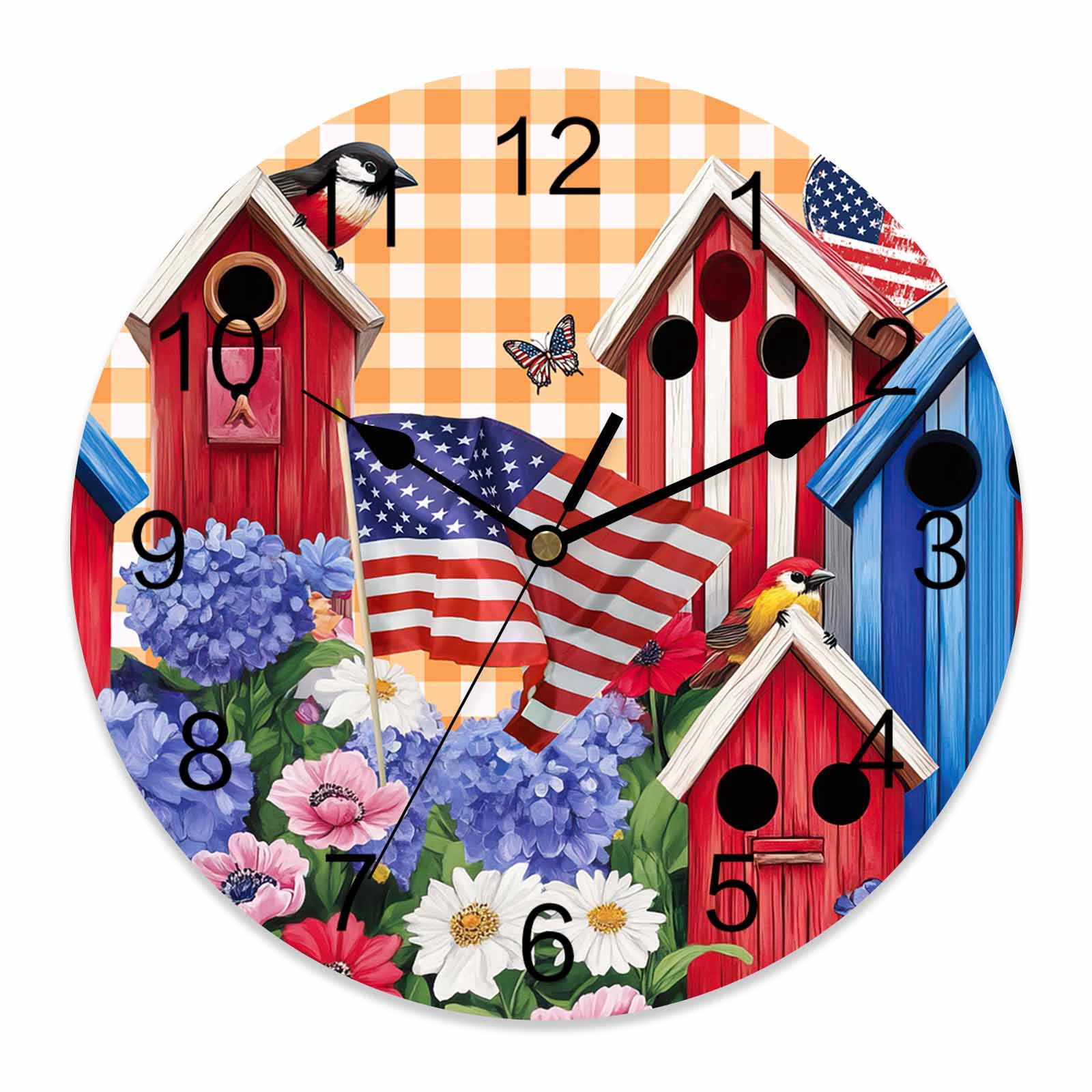 4th of July Wall Clock Floral House Clocks PVC Silent Non-Ticking ...