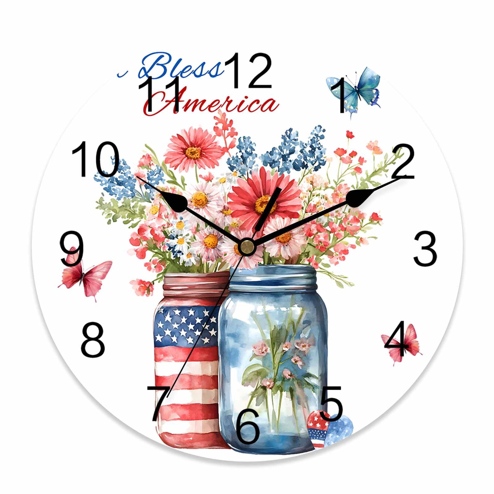4th of July Wall Clock Floral Vase Clocks PVC Silent Non-Ticking ...