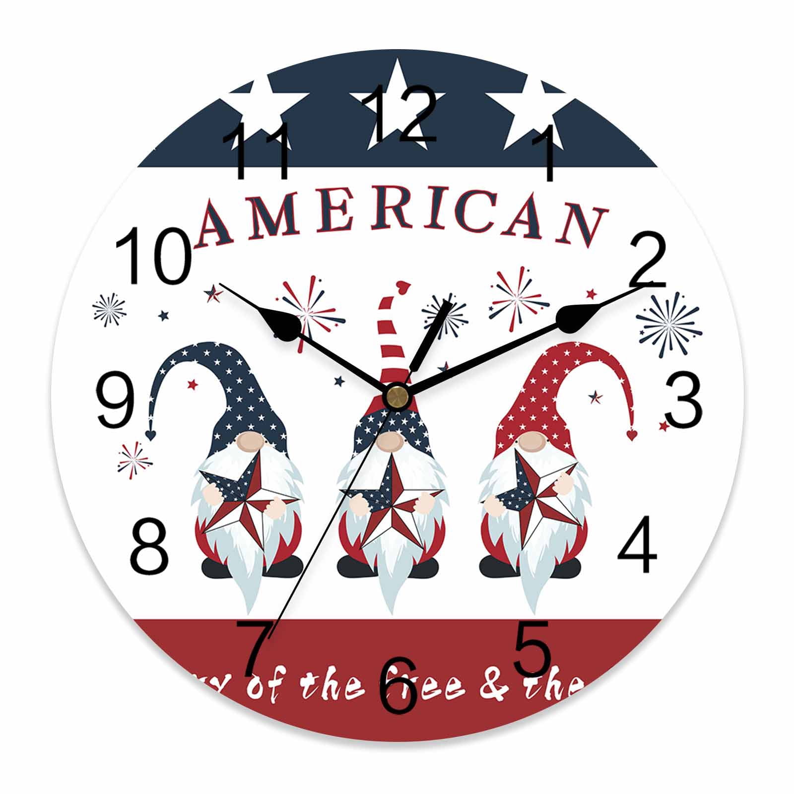 4th of July Wall Clock Gnomes Holding Star Firework Clocks PVC Silent ...