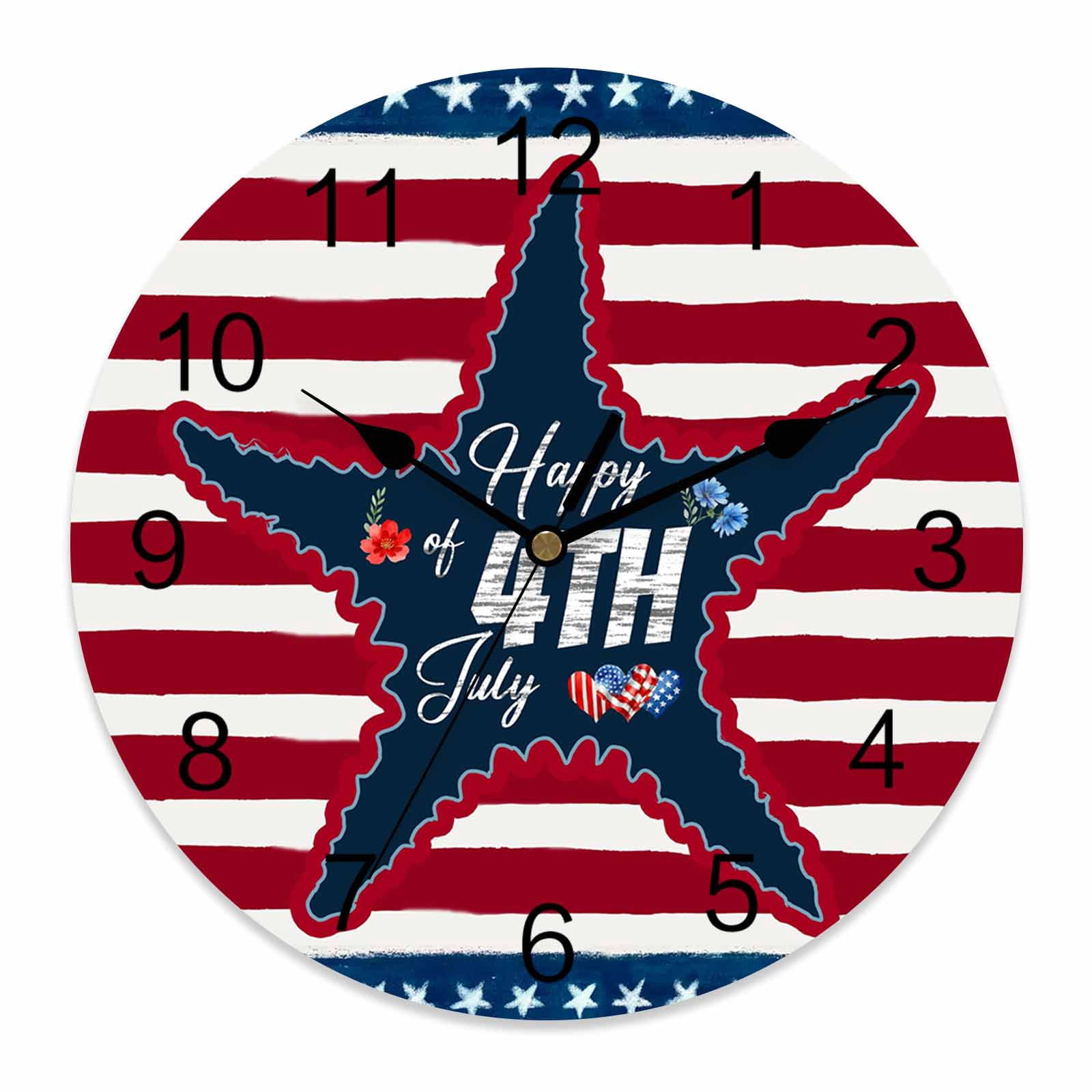 4th of July Wall Clock Happy 4th of July Clocks PVC Silent Non-Ticking ...