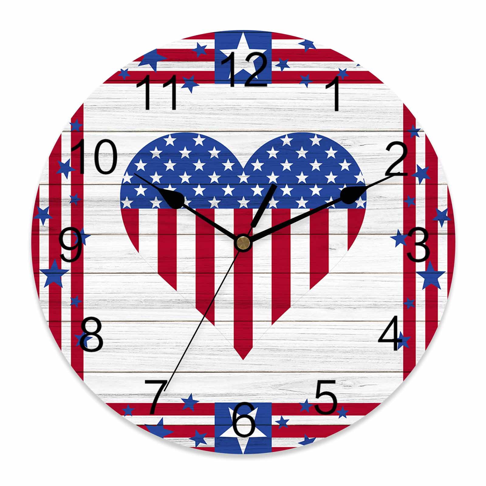 4th of July Wall Clock Heart With American Flag Clocks PVC Silent Non ...