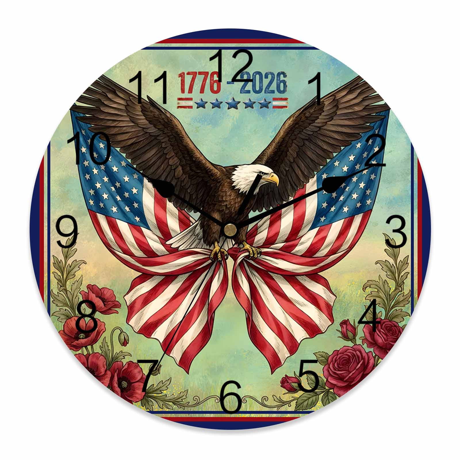 4th of July Wall Clock Majestic Bald Eagle Clocks PVC Silent Non ...