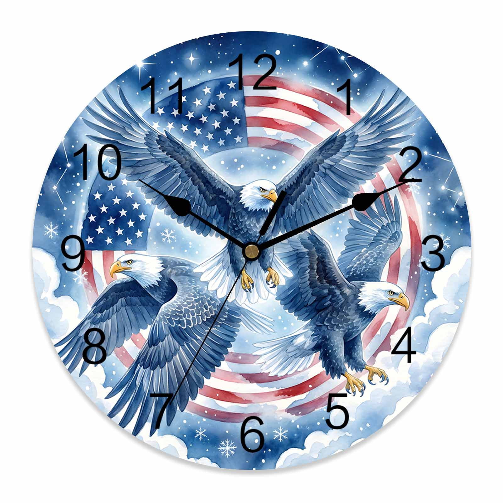 4th of July Wall Clock Majestic Soaring Eagle Clocks PVC Silent Non ...