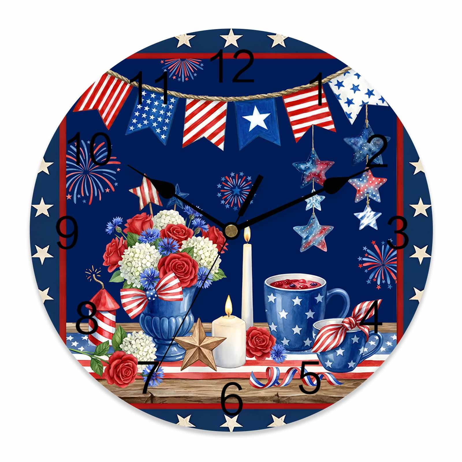 4th of July Wall Clock Patriotic American Flag Clocks PVC Silent Non ...