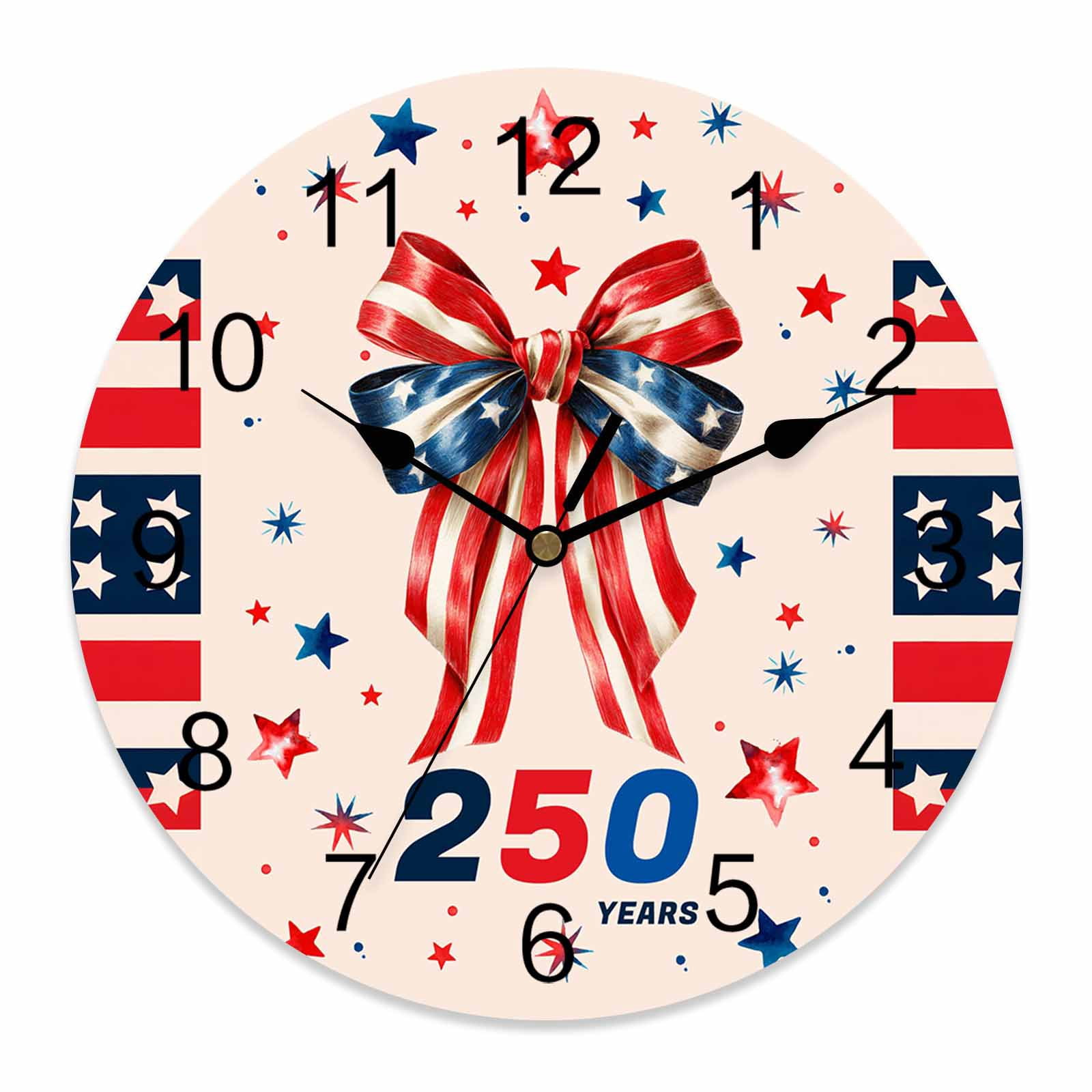 4th of July Wall Clock Patriotic Bow Tie Clocks PVC Silent Non-Ticking ...