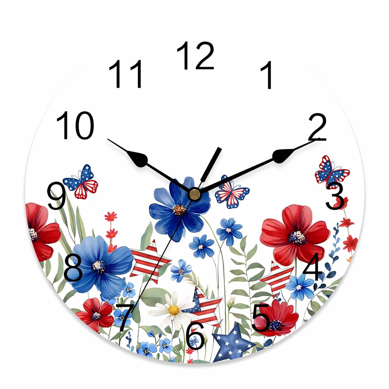 4th of July Wall Clock Patriotic Cosmos Flower Clocks PVC Silent Non ...