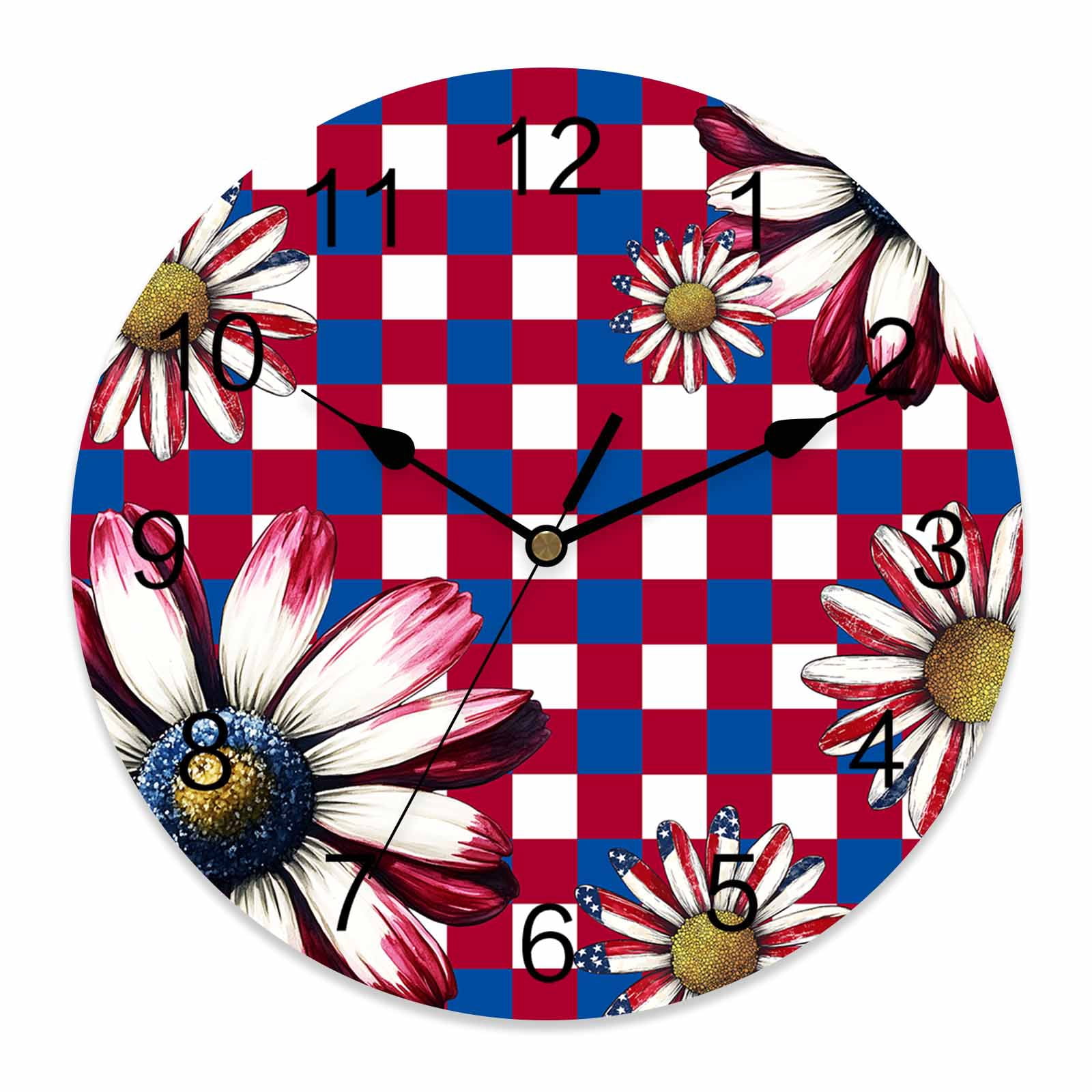 4th of July Wall Clock Patriotic Daisy Clocks PVC Silent Non-Ticking ...