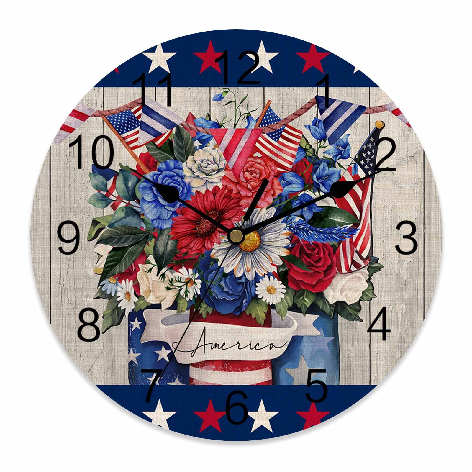 4th of July Wall Clock Patriotic Floral Clocks PVC Silent Non-Ticking ...