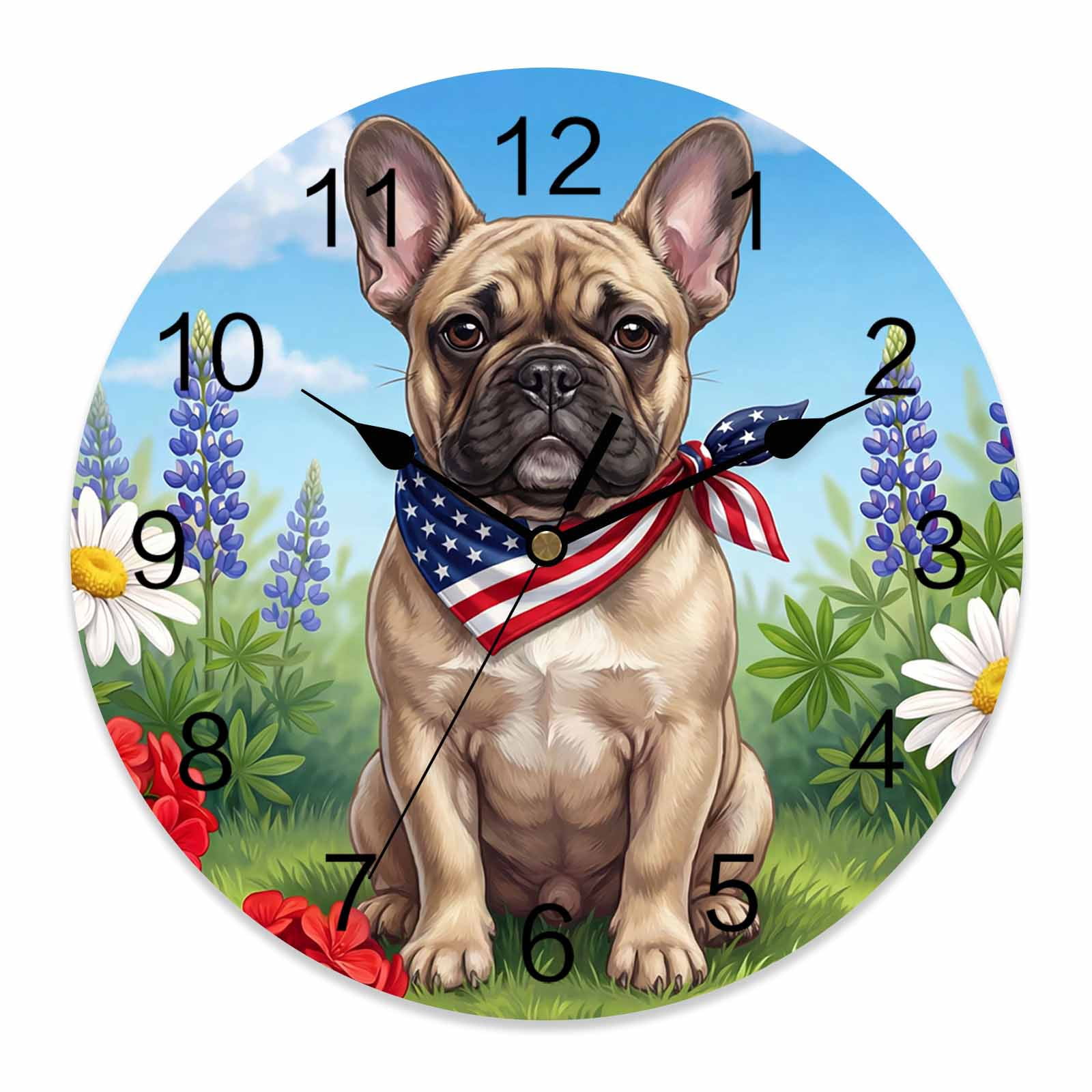 4th of July Wall Clock Patriotic French Bulldog Clocks PVC Silent Non ...