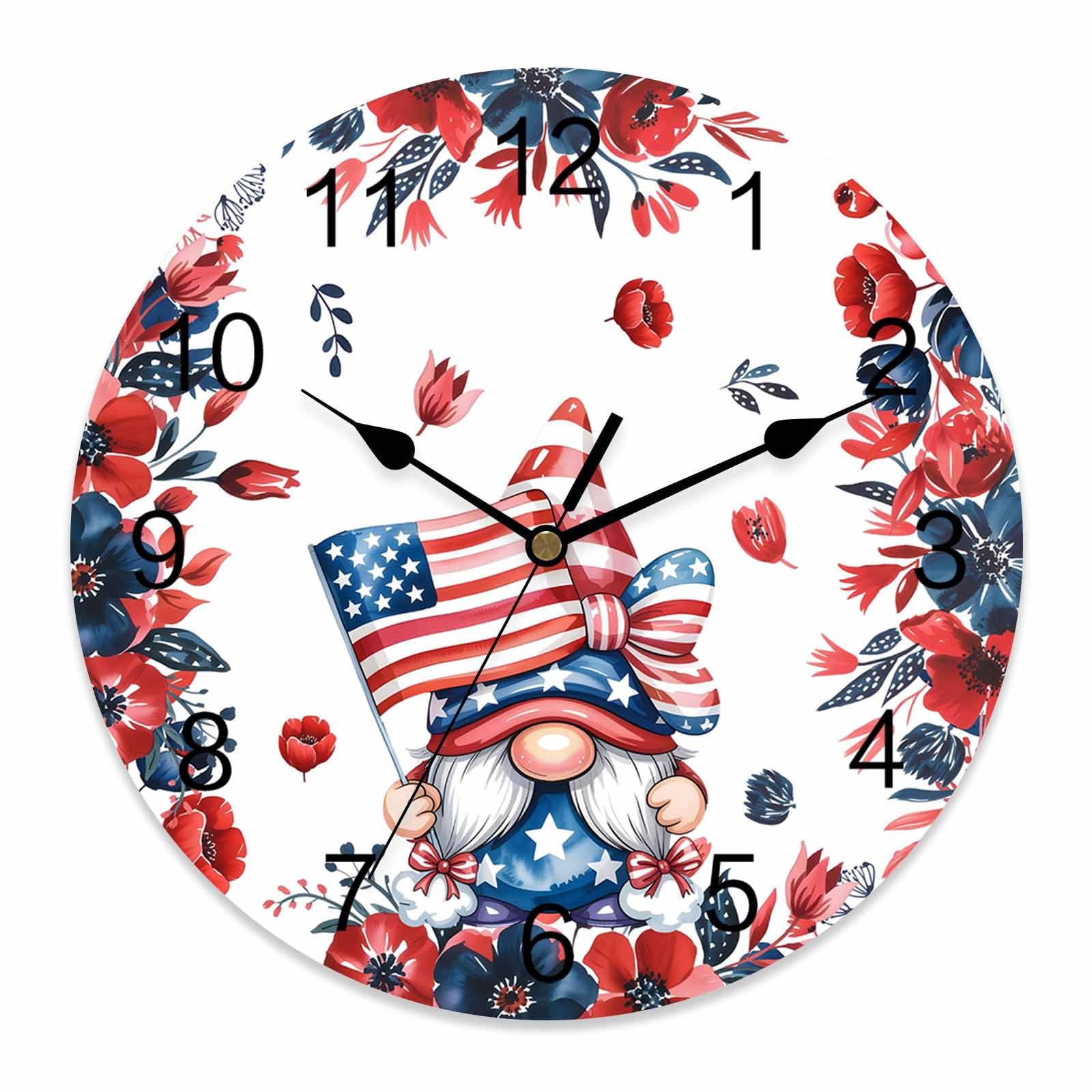 4th of July Wall Clock Patriotic Gnome Clocks PVC Silent Non-Ticking ...