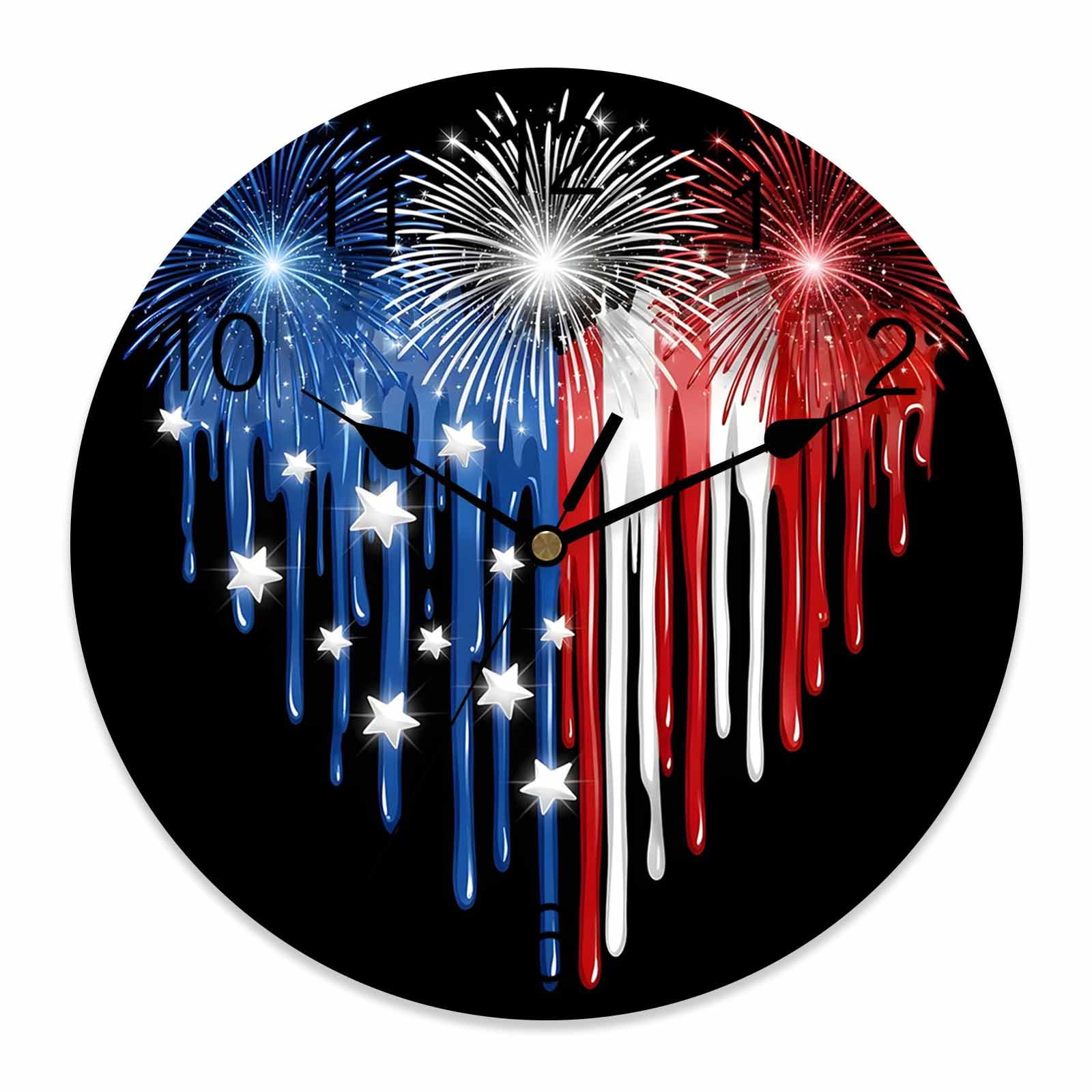 4th of July Wall Clock Patriotic Heart Fireworks Clocks PVC Silent Non ...
