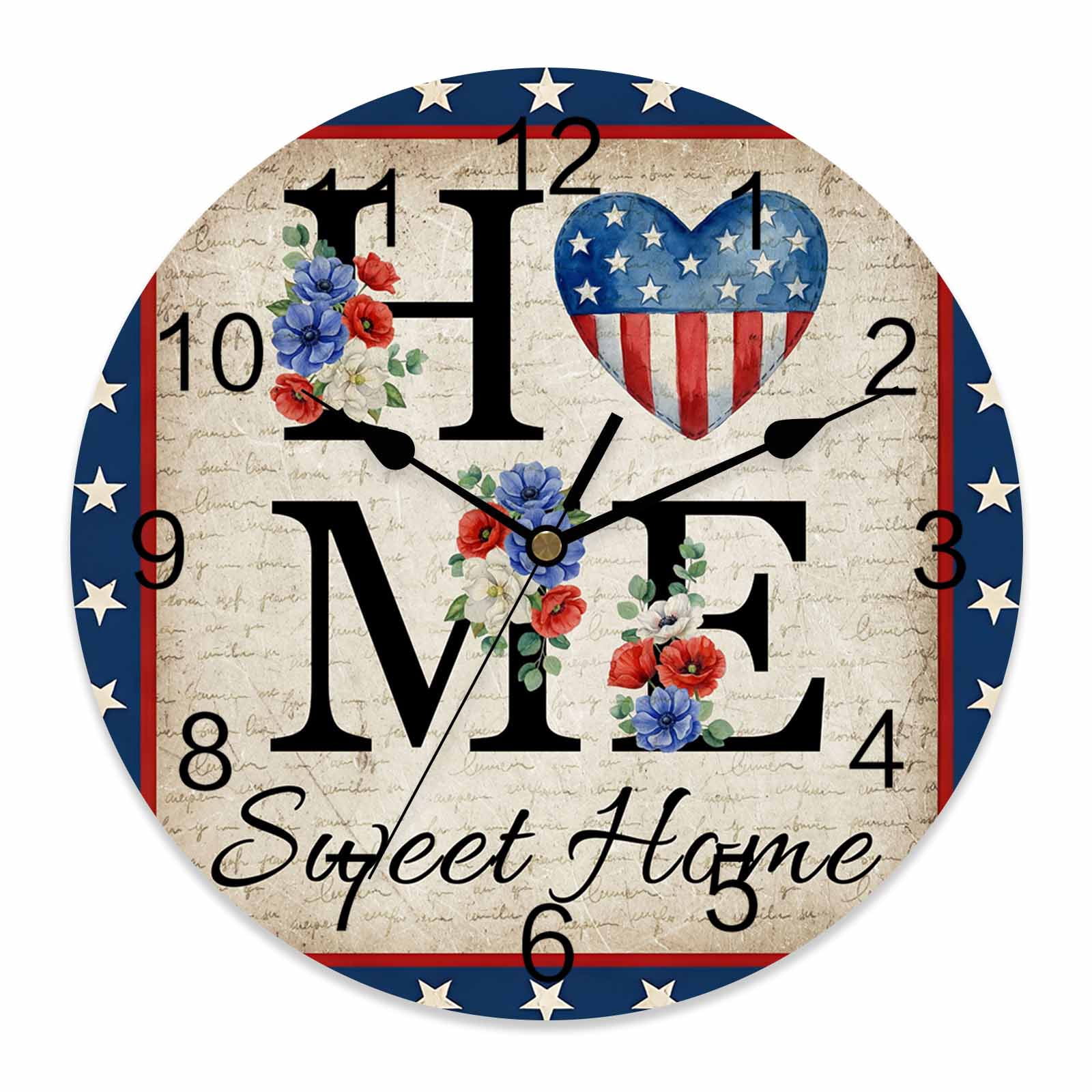 4th of July Wall Clock Patriotic Heart Poppy Clocks PVC Silent Non ...