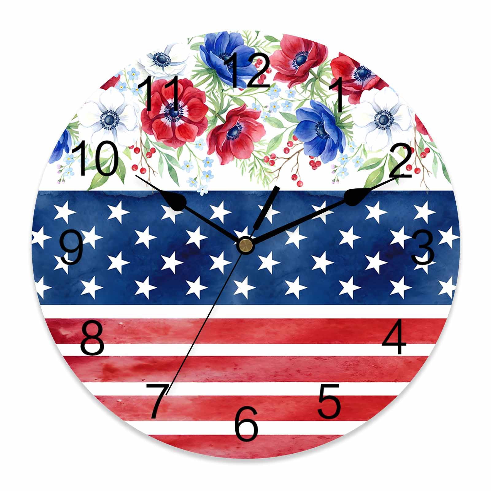 4th of July Wall Clock Patriotic Poppy Flower Clocks PVC Silent Non ...