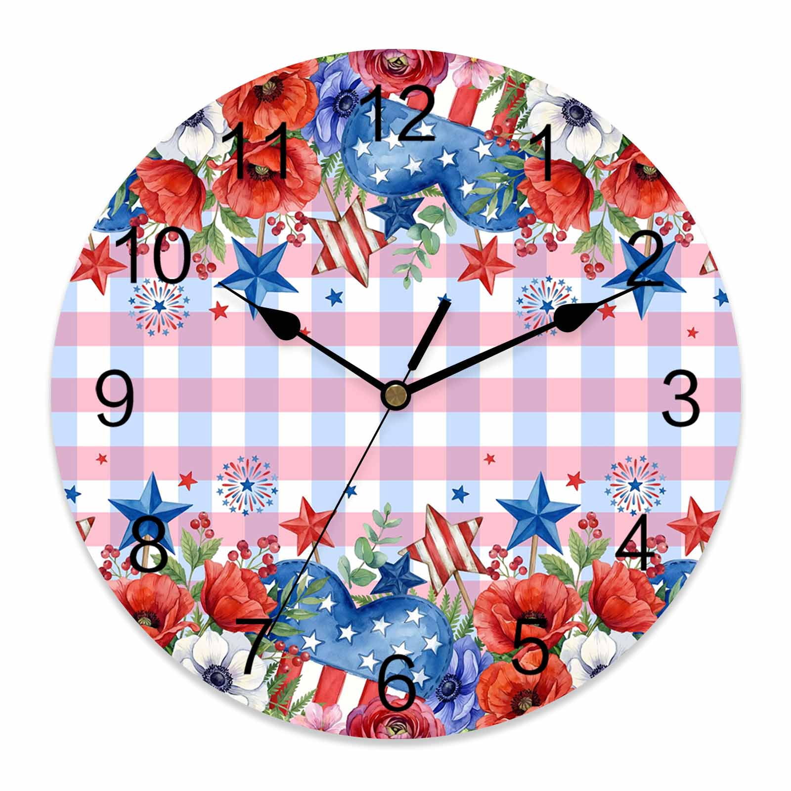 4th of July Wall Clock Patriotic Star Heart Clocks PVC Silent Non ...