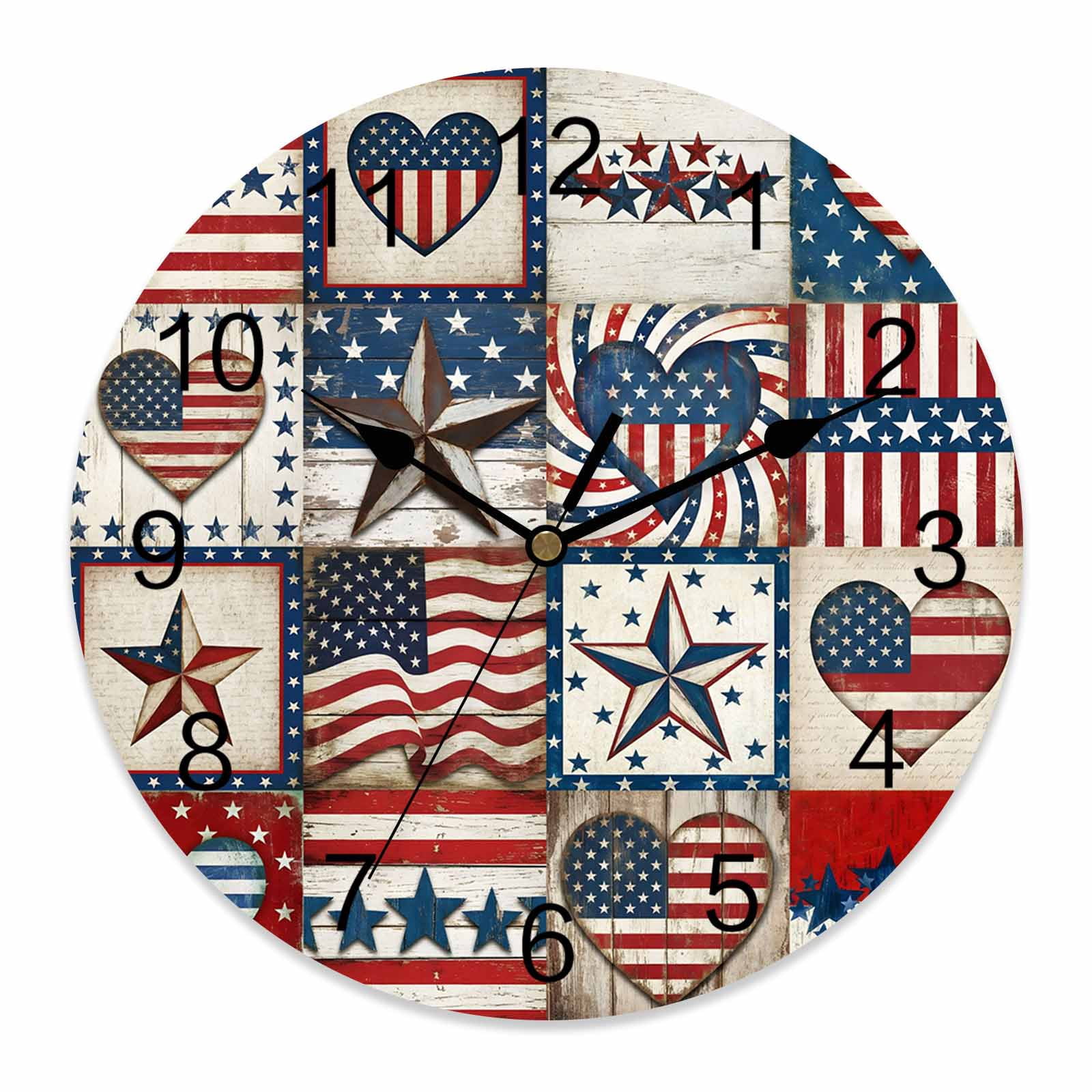 4th of July Wall Clock Patriotic Star Heart Clocks PVC Silent Non ...