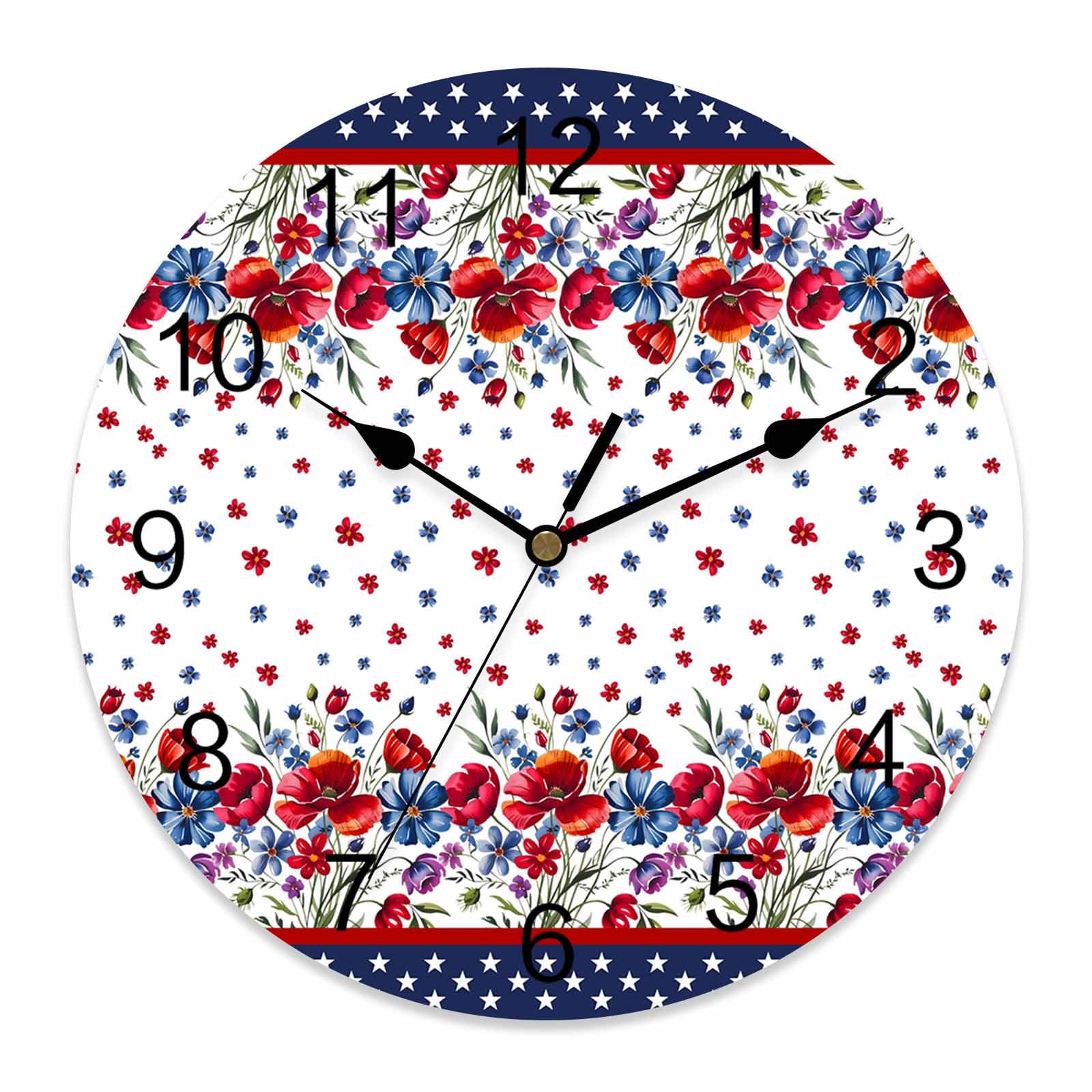 4th of July Wall Clock Patriotic Star Poppy Clocks PVC Silent Non ...