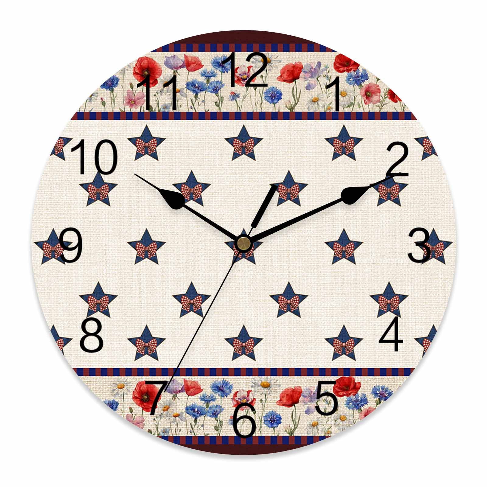 4th of July Wall Clock Patriotic Star Poppy Clocks PVC Silent Non ...