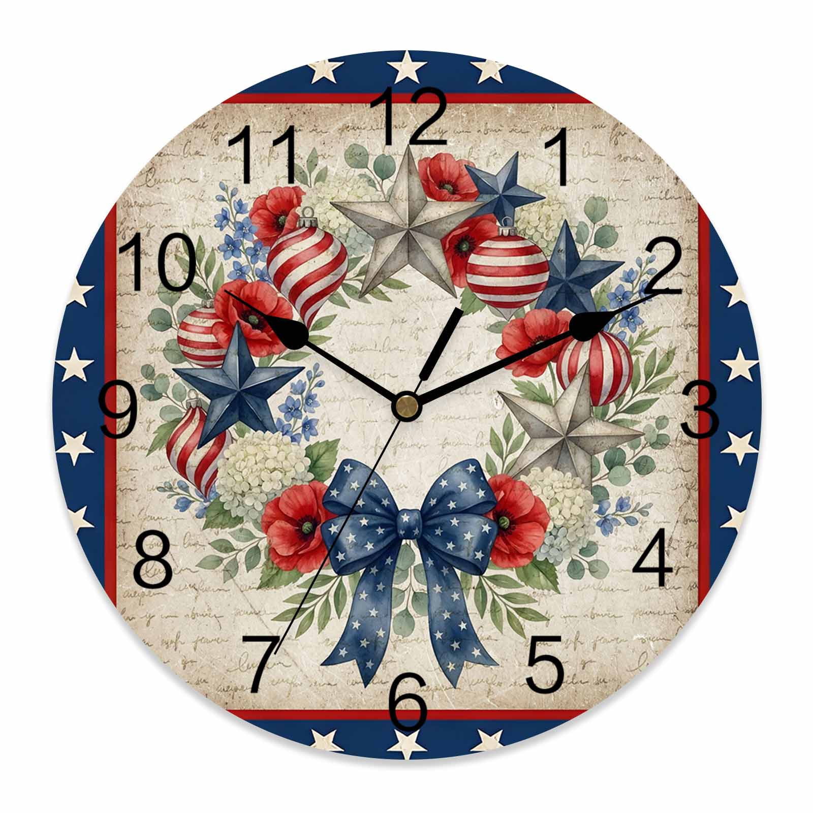 4th of July Wall Clock Patriotic Star Poppy Wreath Clocks PVC Silent ...