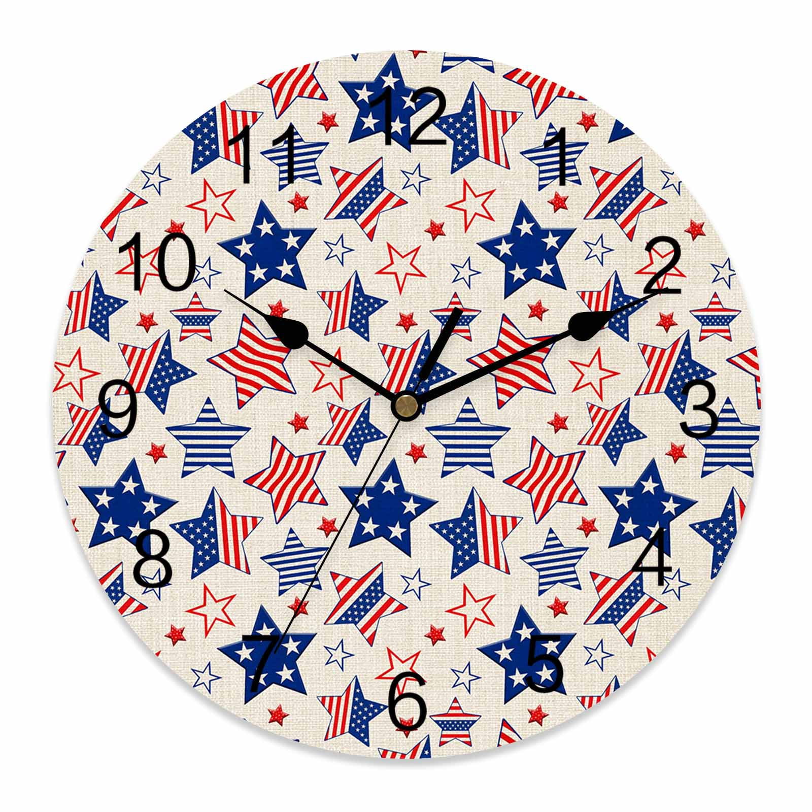 4th of July Wall Clock Patriotic Star Stripes Clocks PVC Silent Non ...