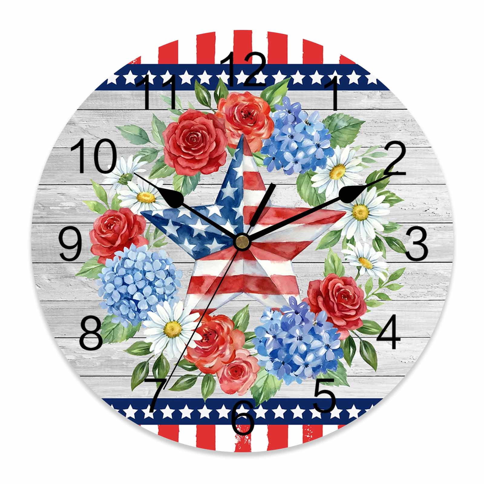 4th of July Wall Clock Patriotic Star Wreath Clocks PVC Silent Non ...